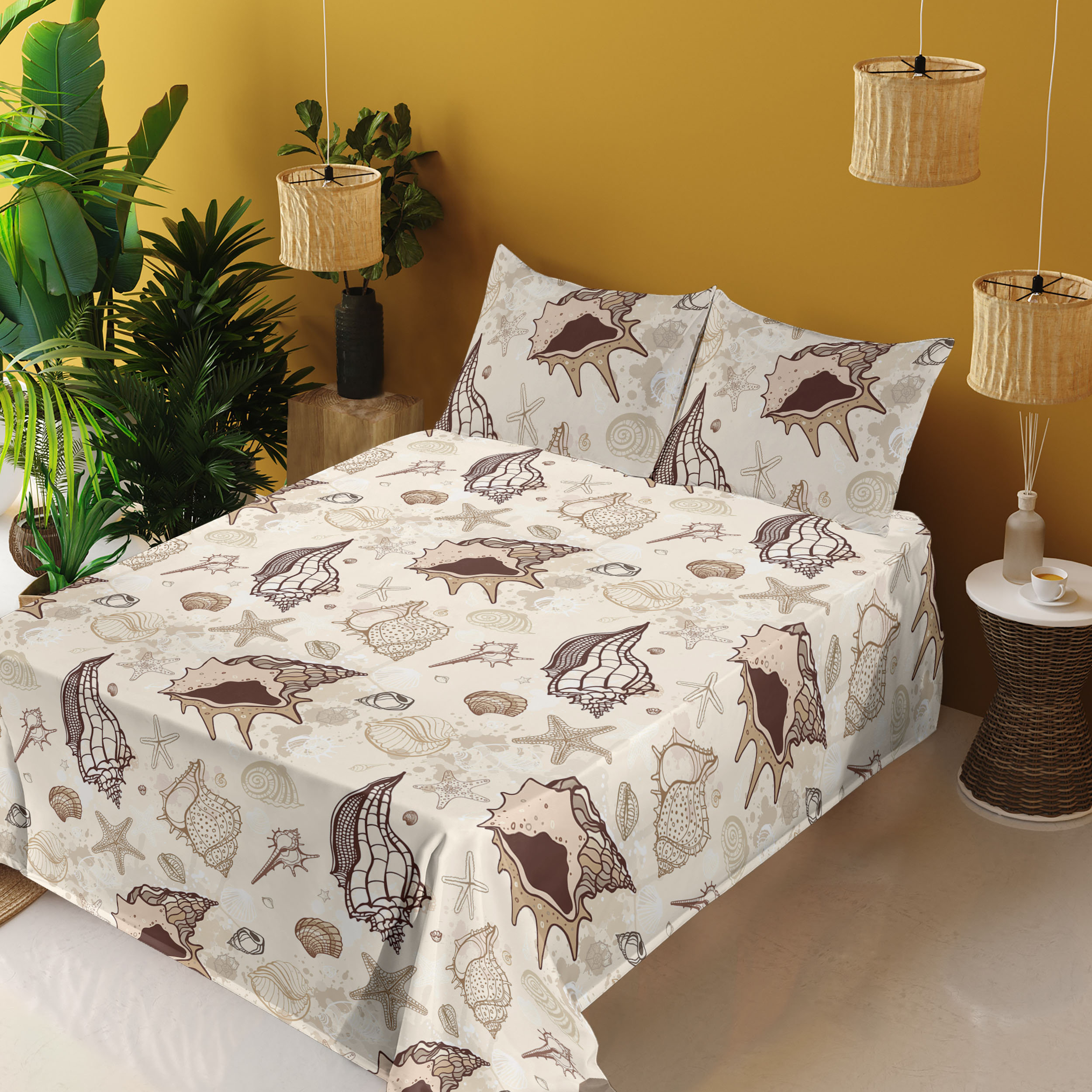 Ambesonne Nautical Sheet Set Beach Vibe Seashell Print Brown Dark ...