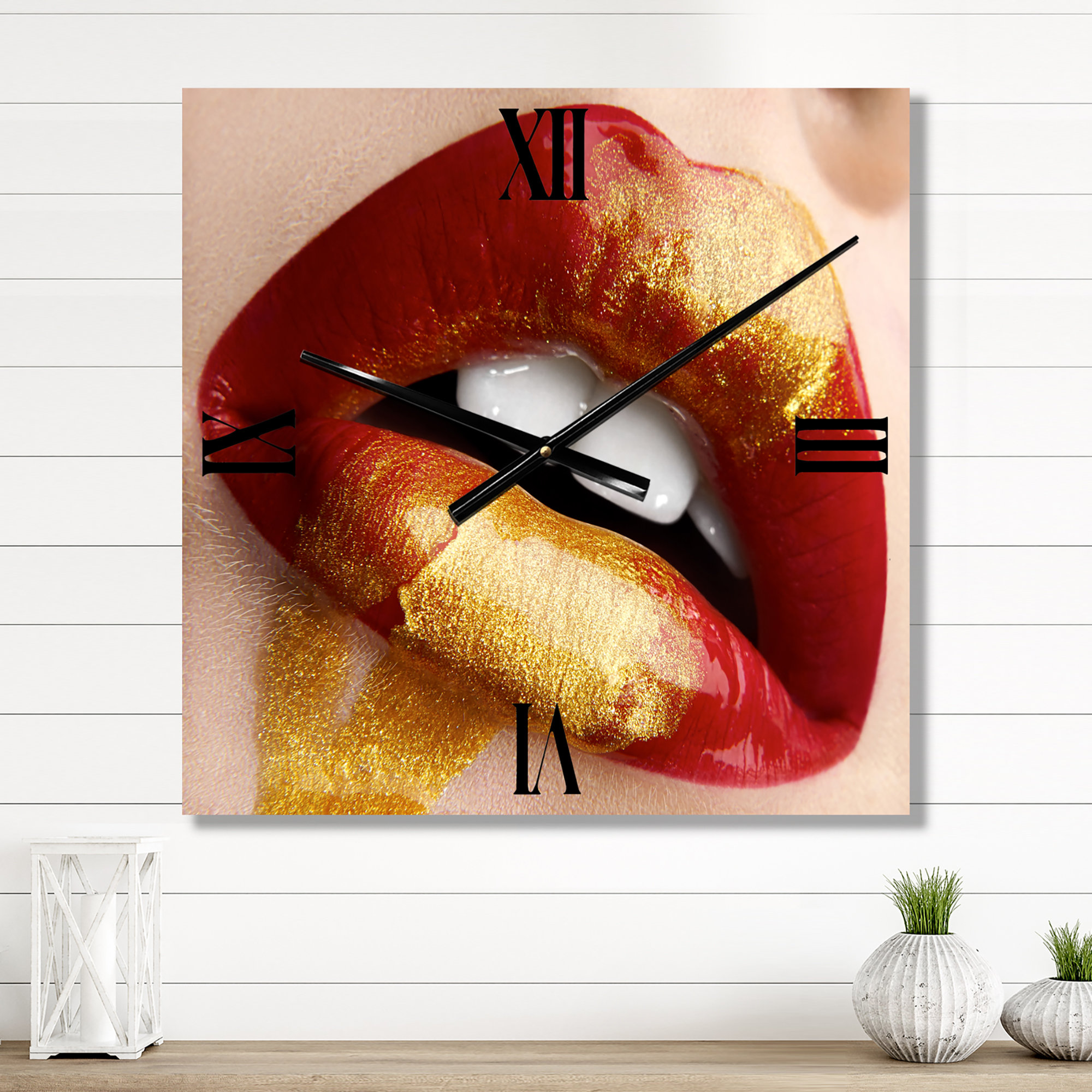 East Urban Home Plump Woman Lips with Red and Gold - Modern Wall Clock ...