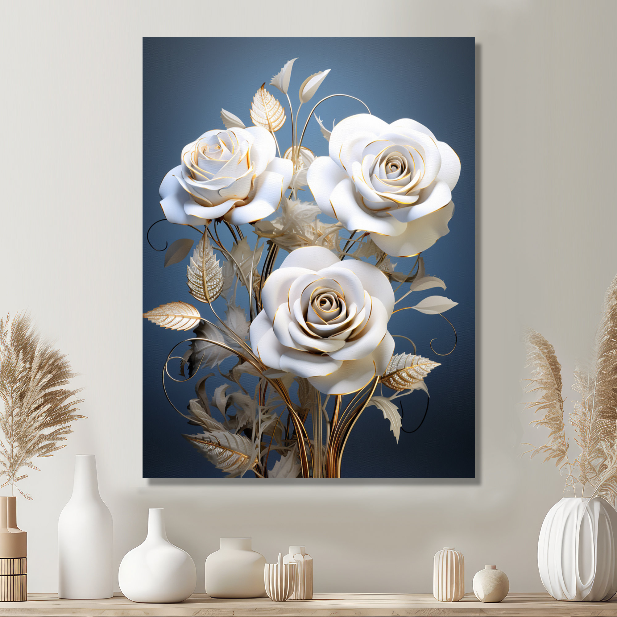 Mercer41 White Rose Golden Leaves On Deep Blue II - Roses Wall Art ...