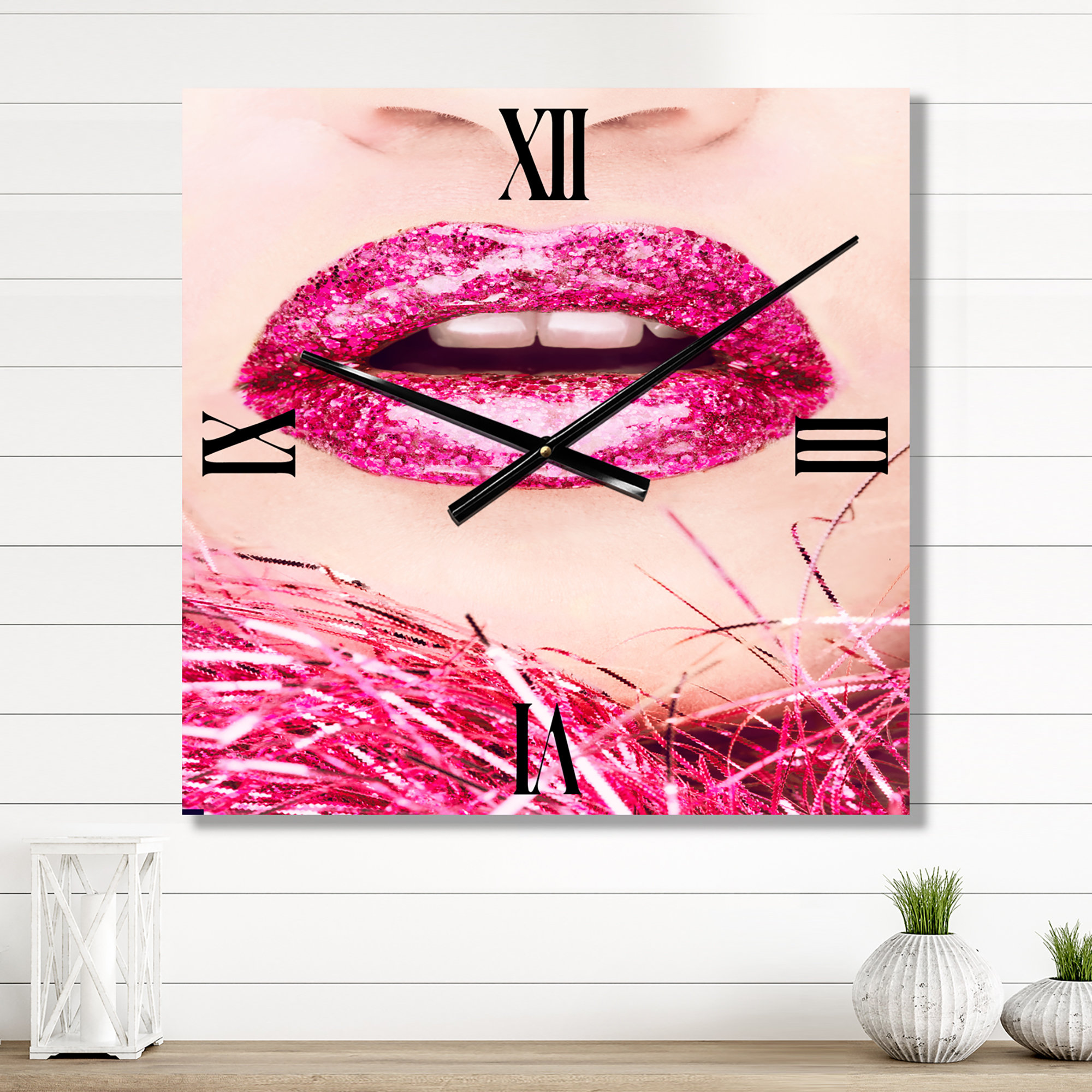East Urban Home Close-Up of Golden Woman Lips II - Modern Wall Clock ...