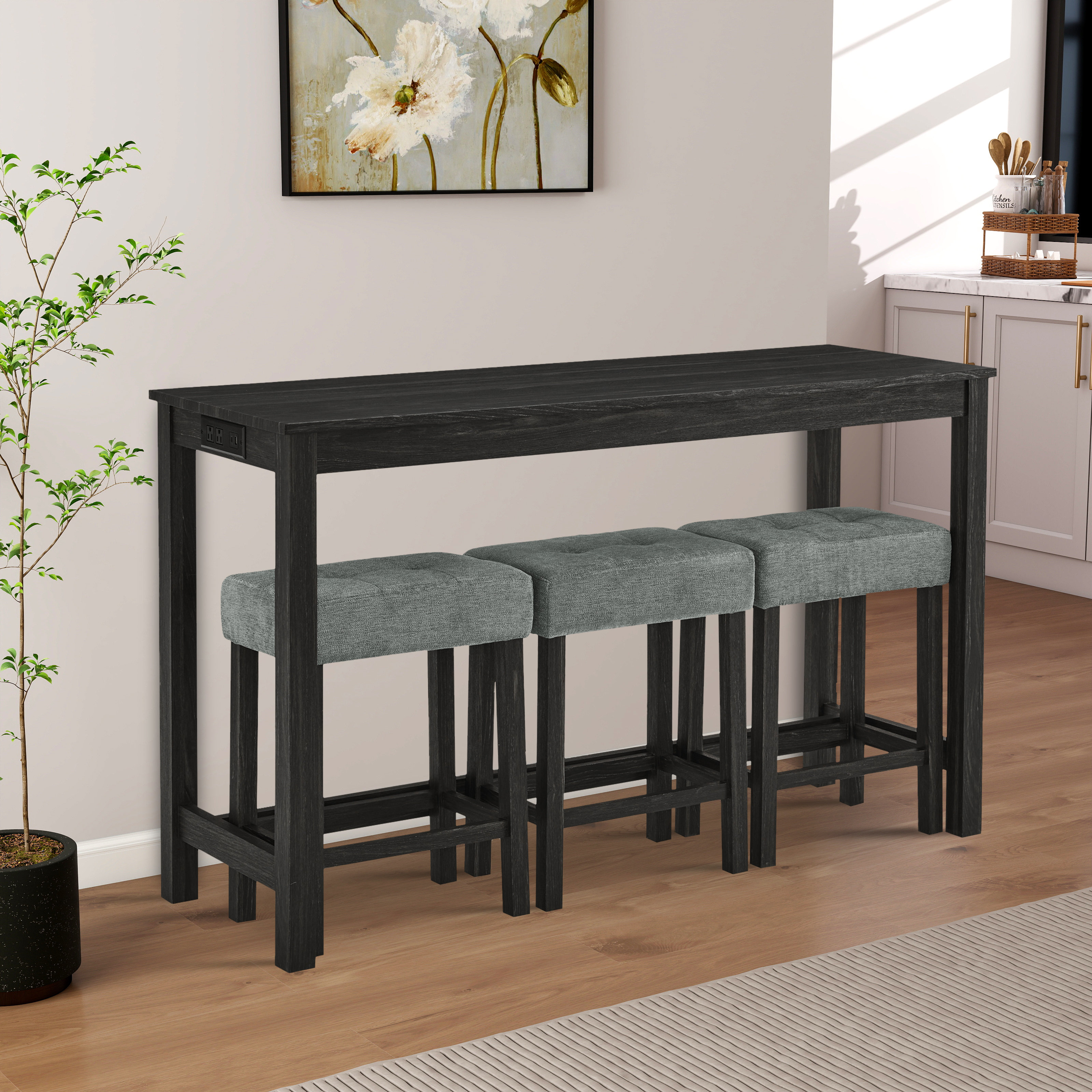 Red Barrel Studio® 59" W Bar Table Set, Dining Table, With Power Outlet ...