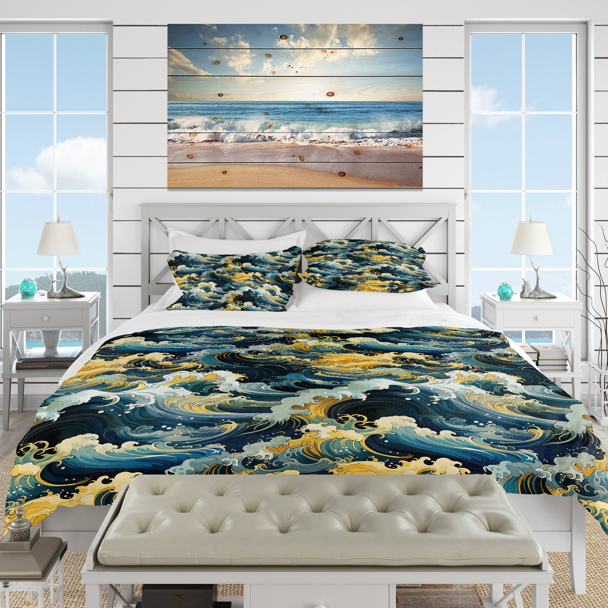 Design Art Sunrise Hokusai Waves Japanese Pattern III - Coastal Duvet ...