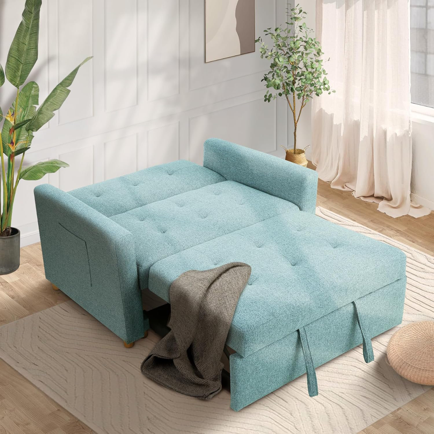 Ebern Designs Shortridge 48"W 3-In-1 Convertible Linen Sleeper Sofa Bed ...