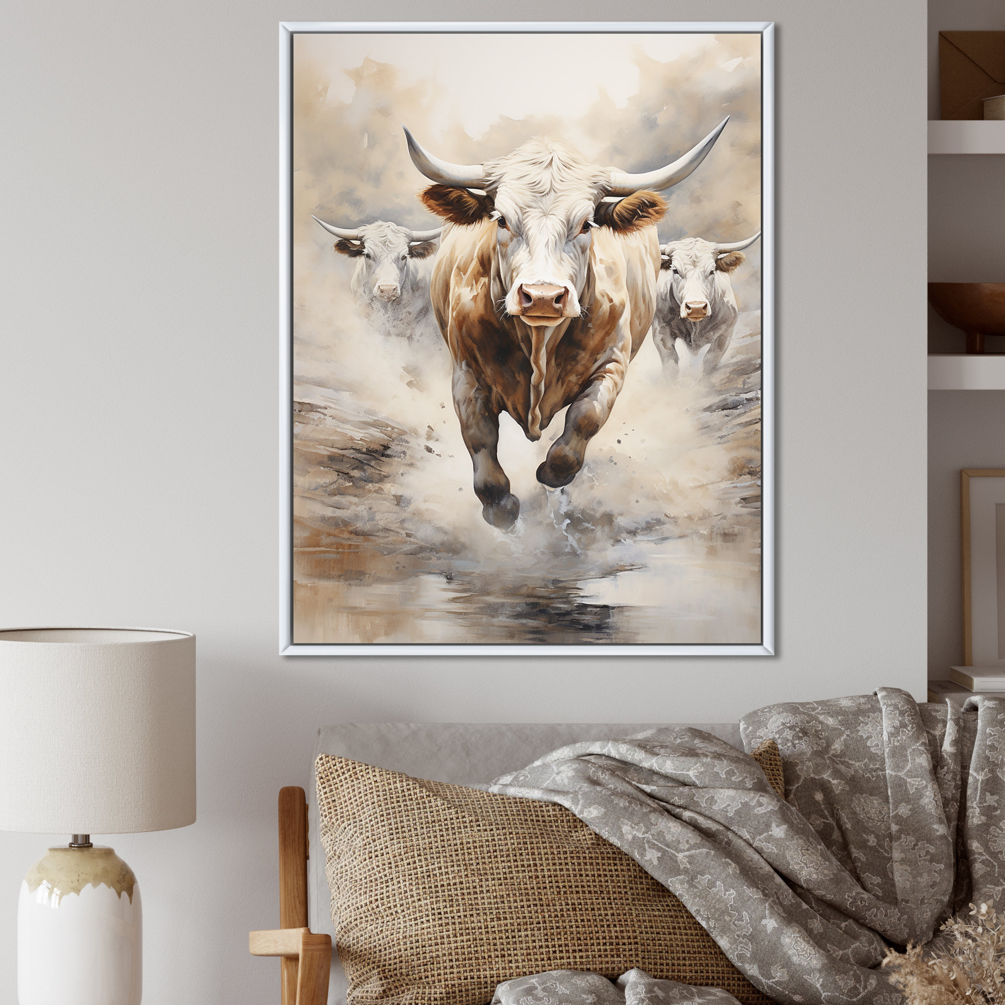 Design Art Beige Cattle Stampede - Cattle Wall Art Prints | Wayfair