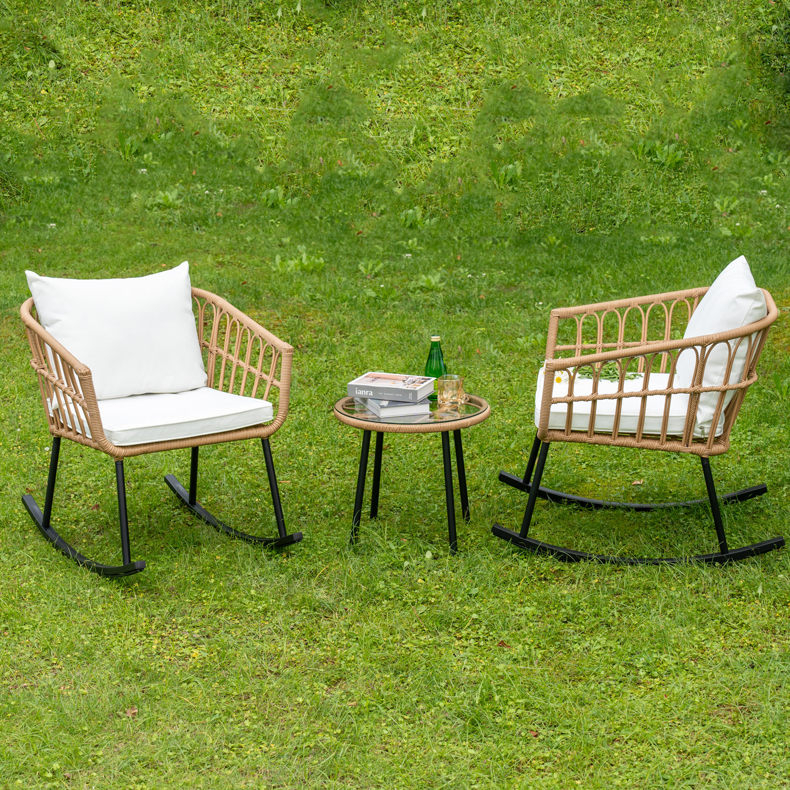 Bay Isle Home™ Small Patio Wicker Rocking Chairs Set Of 3, Indoor ...