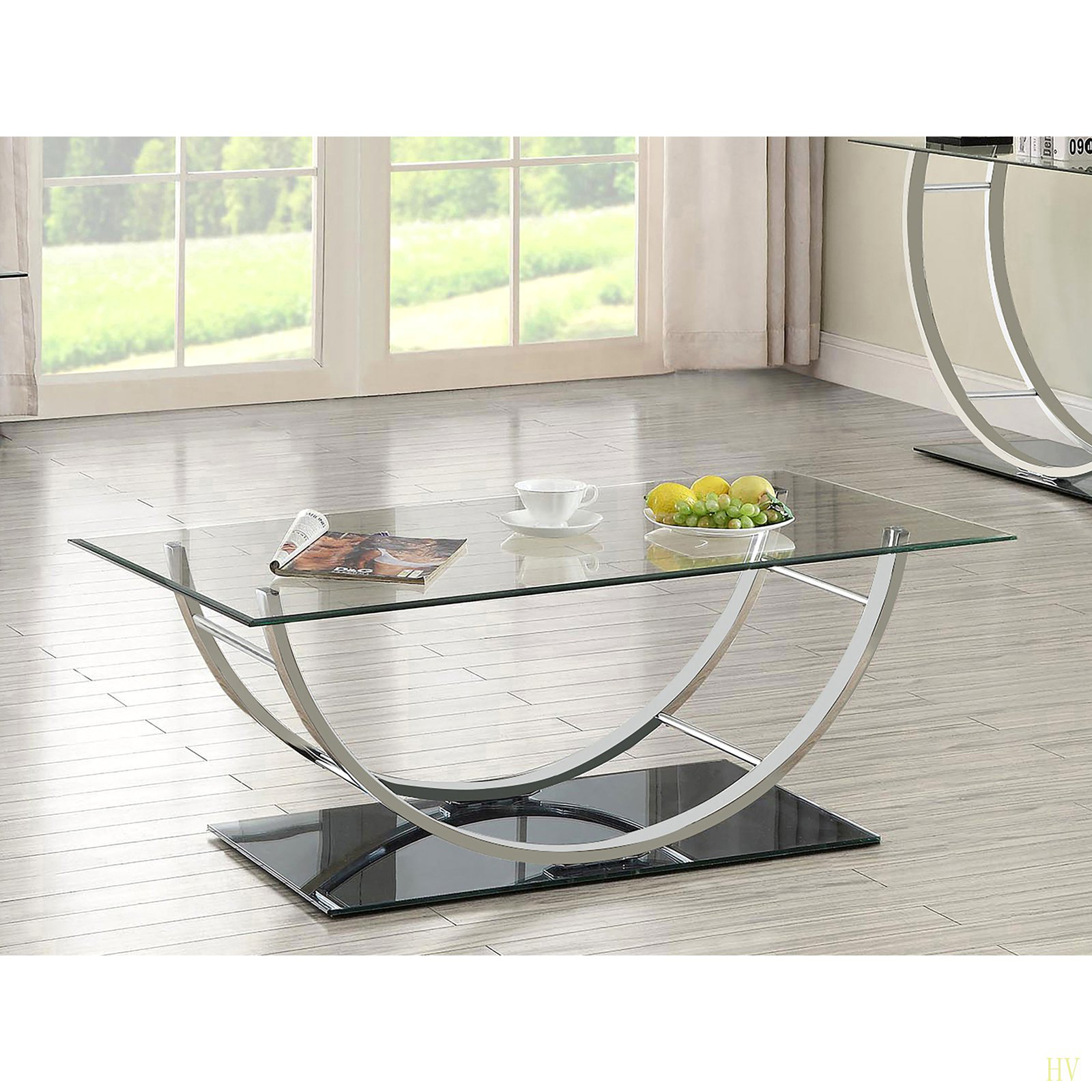 Ivy Bronx Amelia Chrome Rectangular U-Shaped Glass Top Coffee Table ...