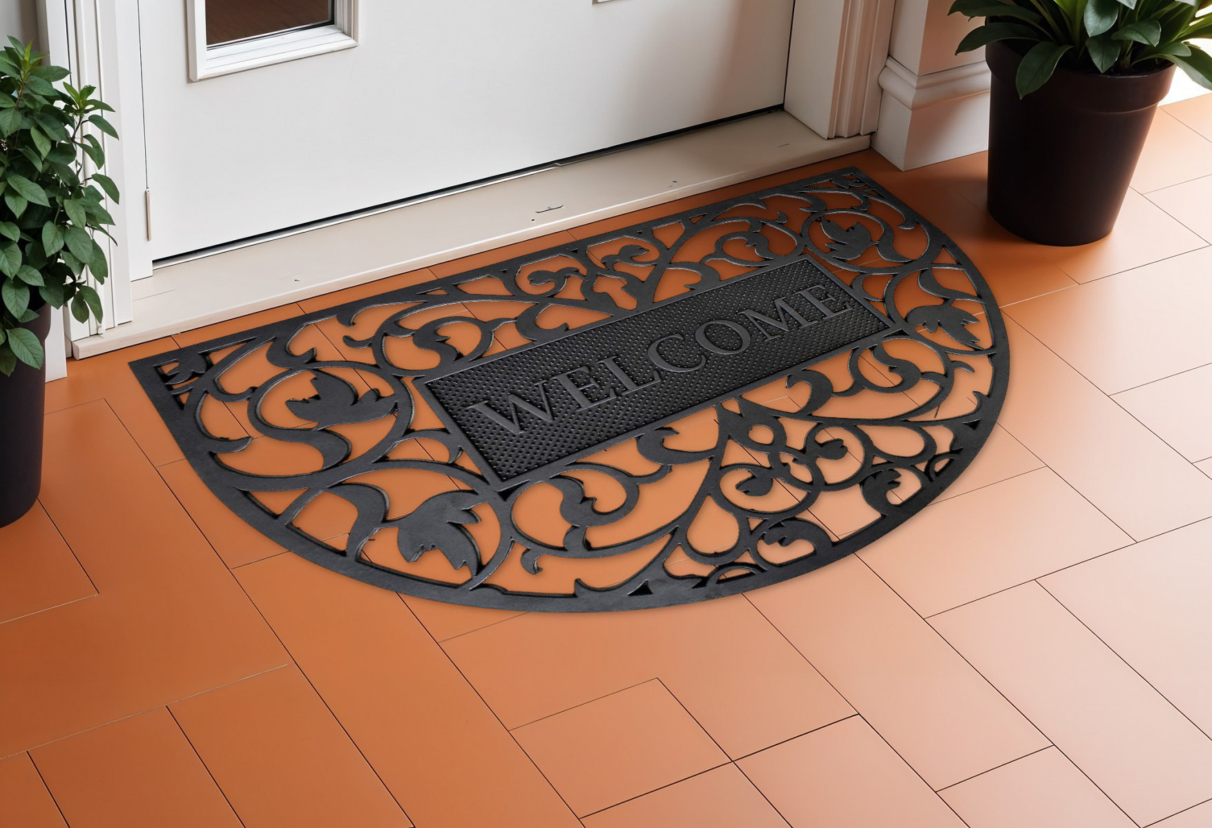 Charlton Home® 24" X 36" Black Scrollwork Welcome Semi Circle Outdoor ...