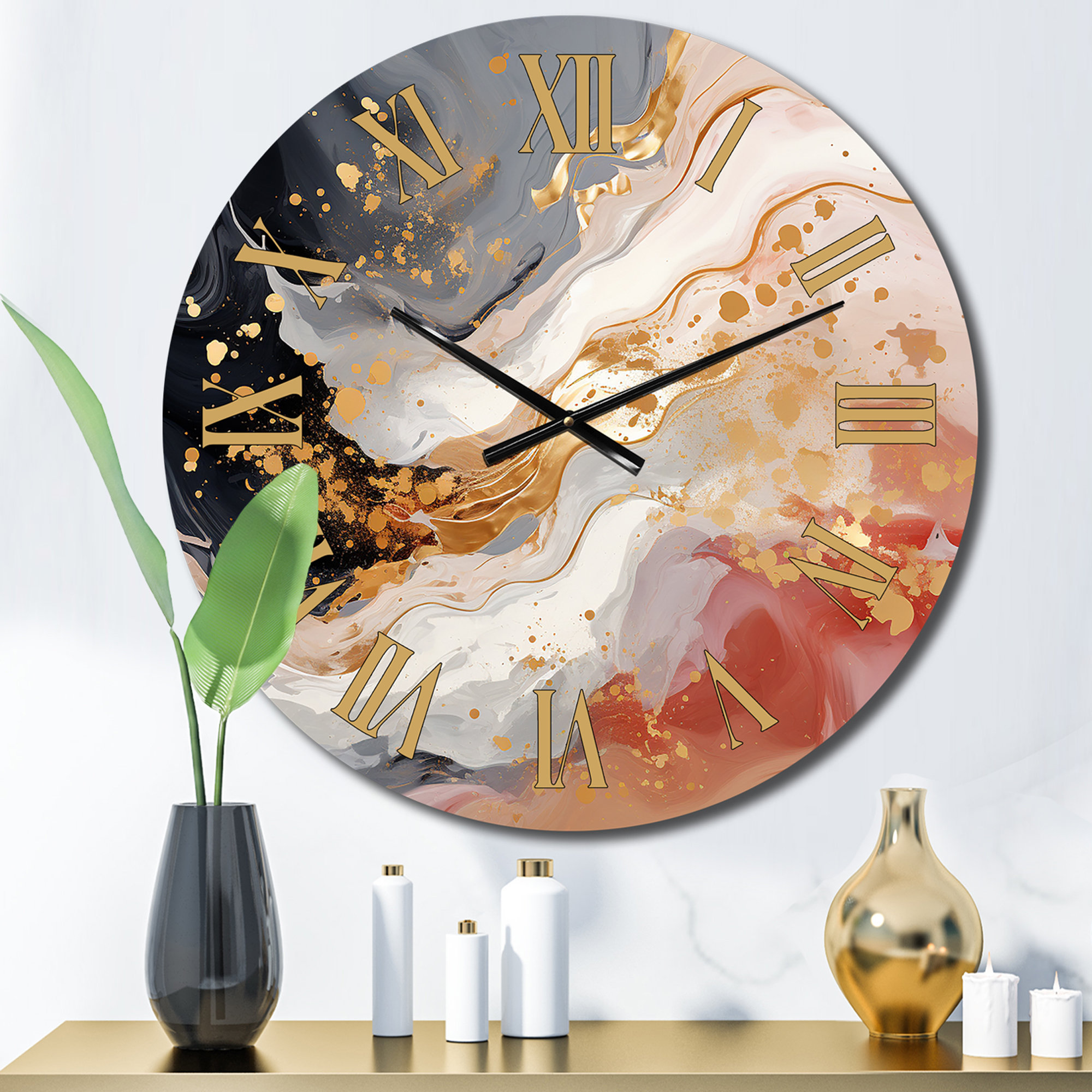 Design Art Pink Liquid Gold Harmony Wave - Abstract Shapes Wall Clock ...
