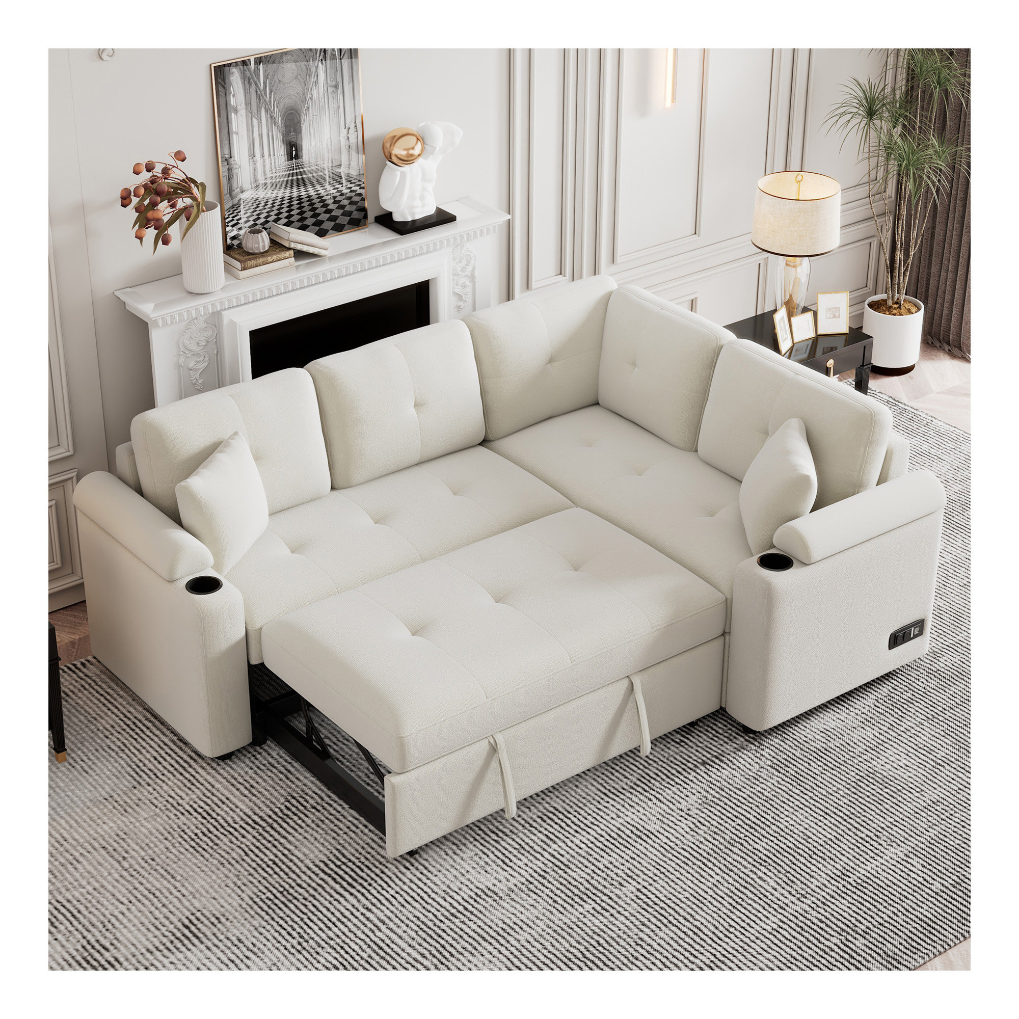 Latitude Run® L-shape Sofa Bed Pull-out Sleeper Sofa with Wheels, USB ...