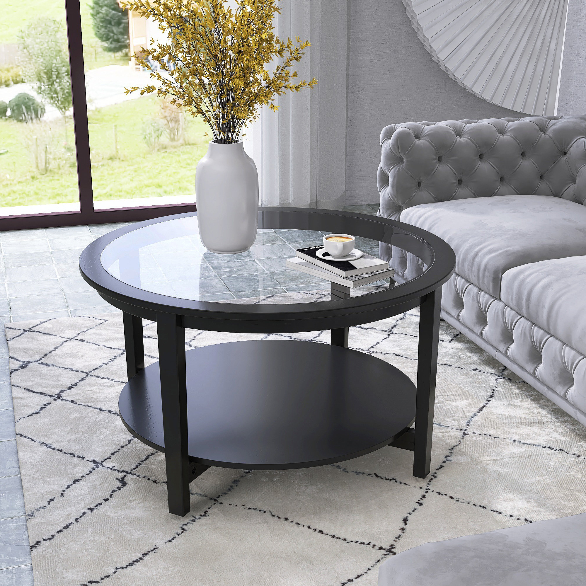 Brayden Studio Table basse ronde en bois massif avec plateau en verre ...