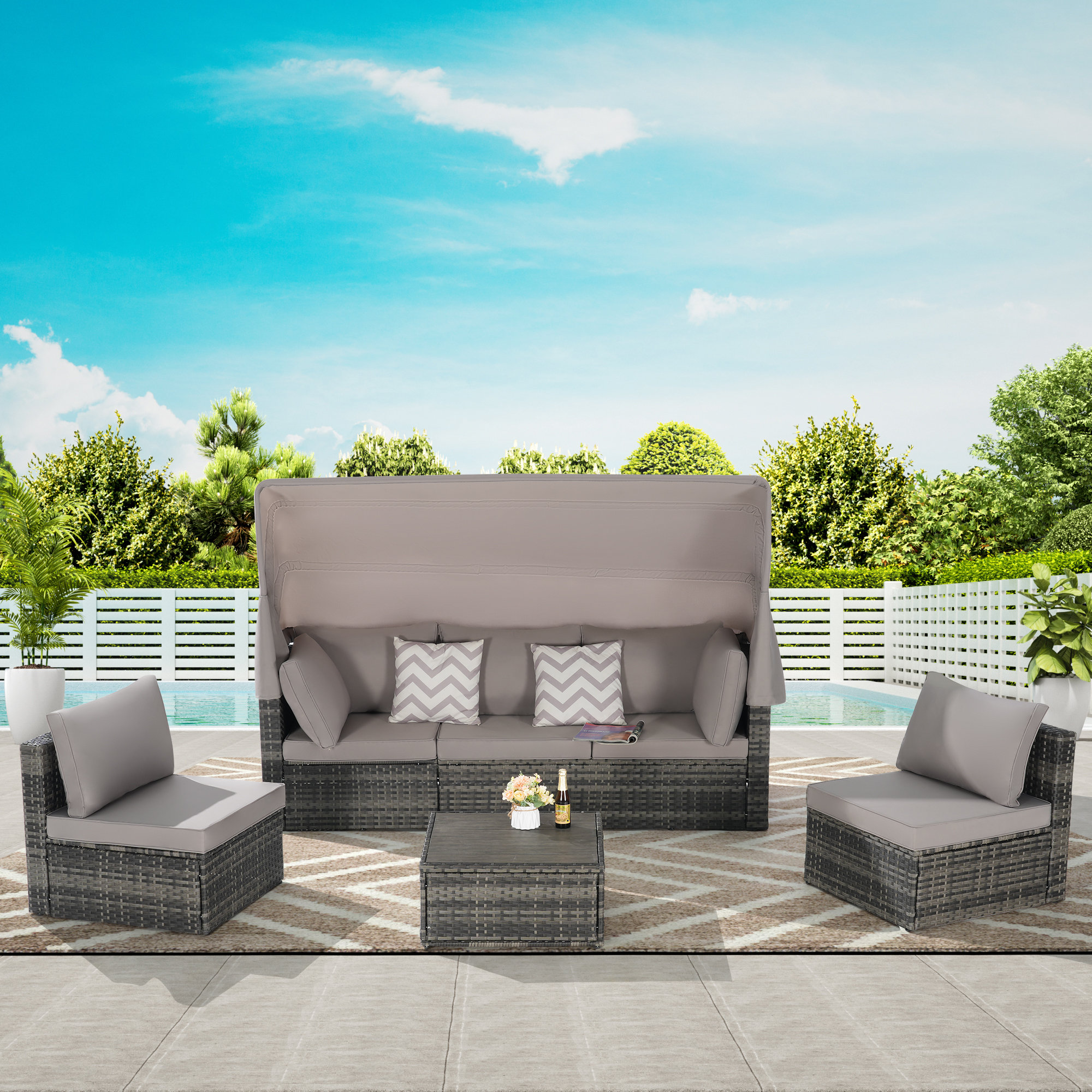Latitude Run® Outdoor Patio Wicker Daybed Set with Canopy, Side Table ...