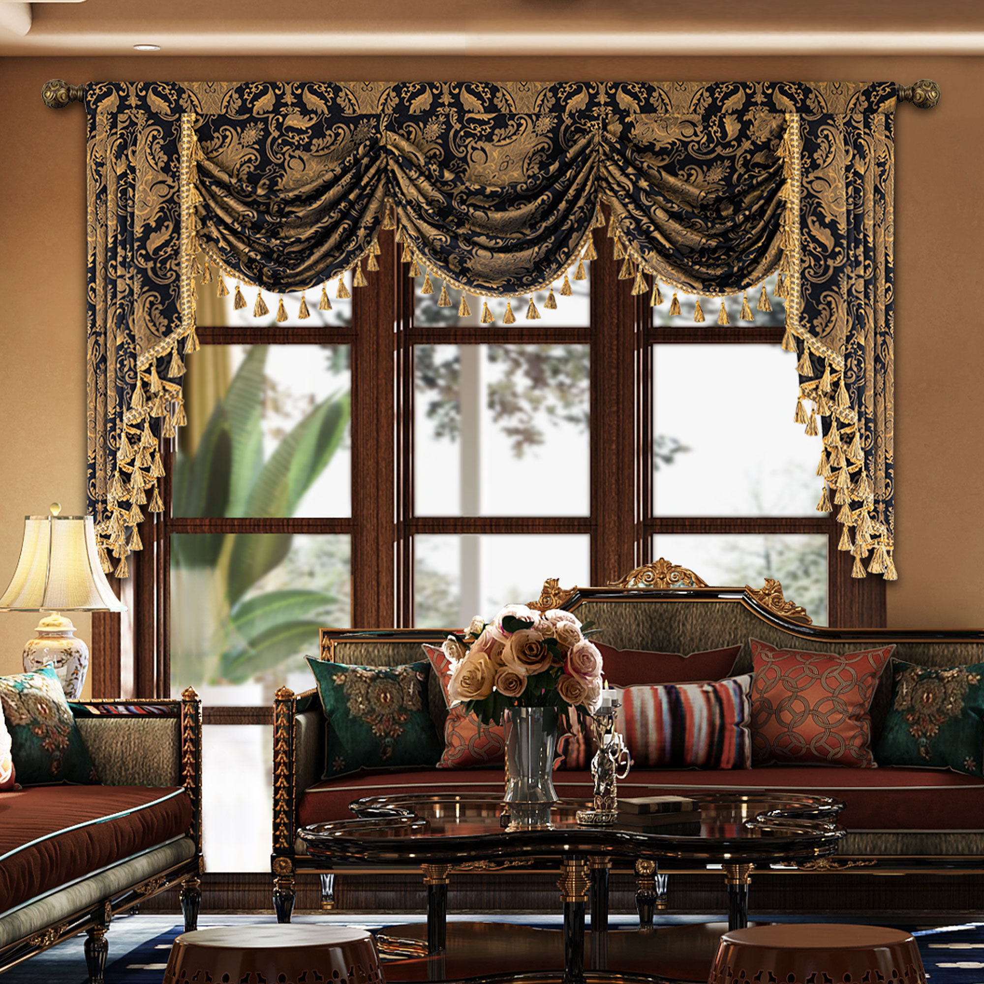 TOPLUXE Classic Swag Valance with Tassels, Black Damask Waterfall ...