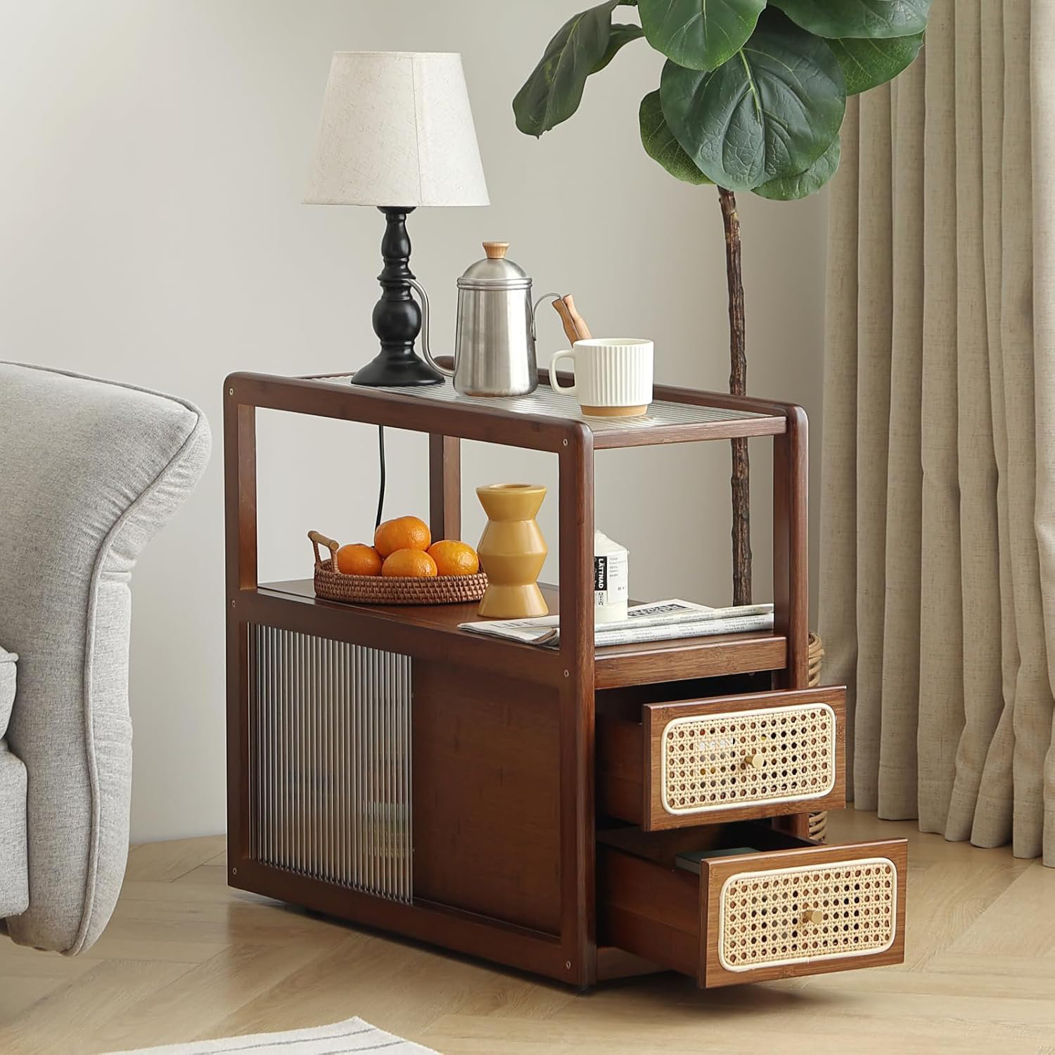 ERTCHUE RIED Mid-Century Modern Rattan Side Table With Glass Top And ...