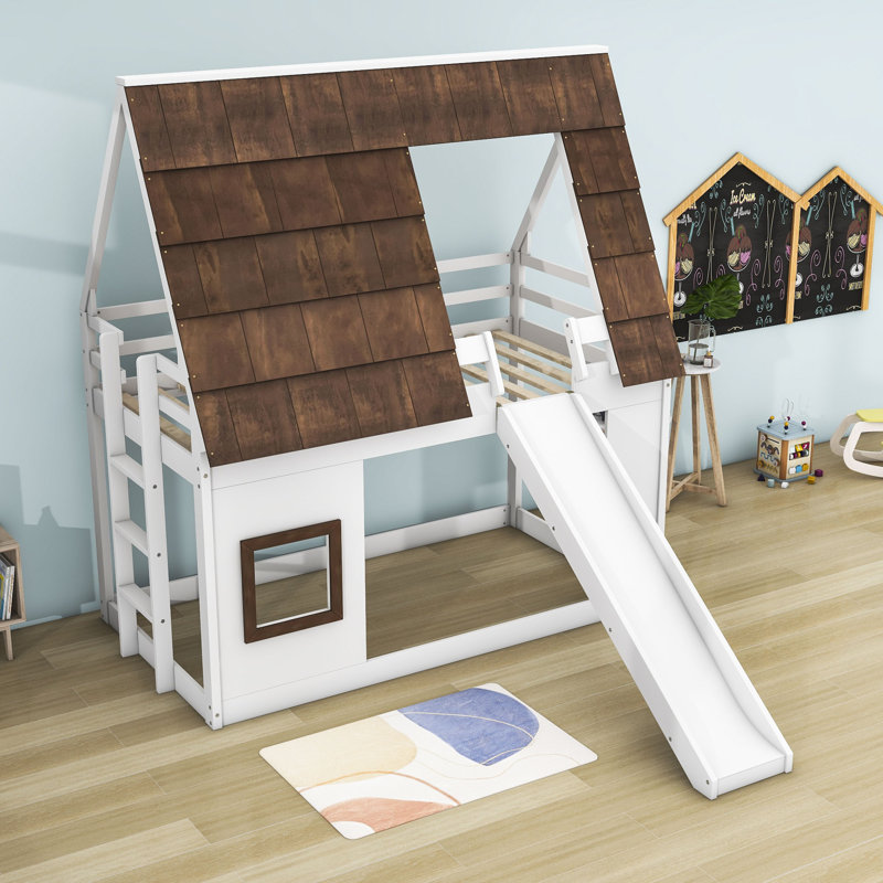 Harper Orchard Turing Kids Twin Over Twin Wood House Bunk Bed with Roof ...