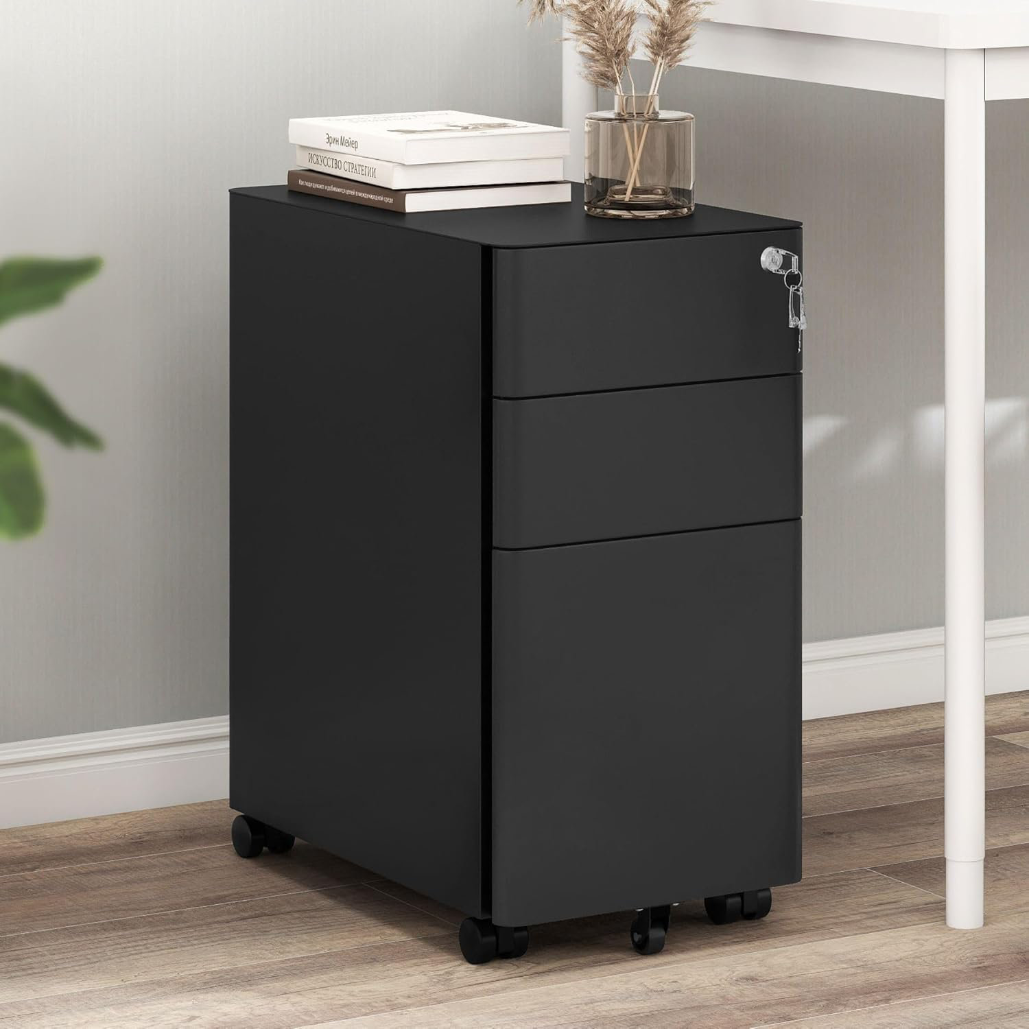 Inbox Zero 3-Drawer File Cabinet, Lockable Mobile Filing Cabinet For A4 ...