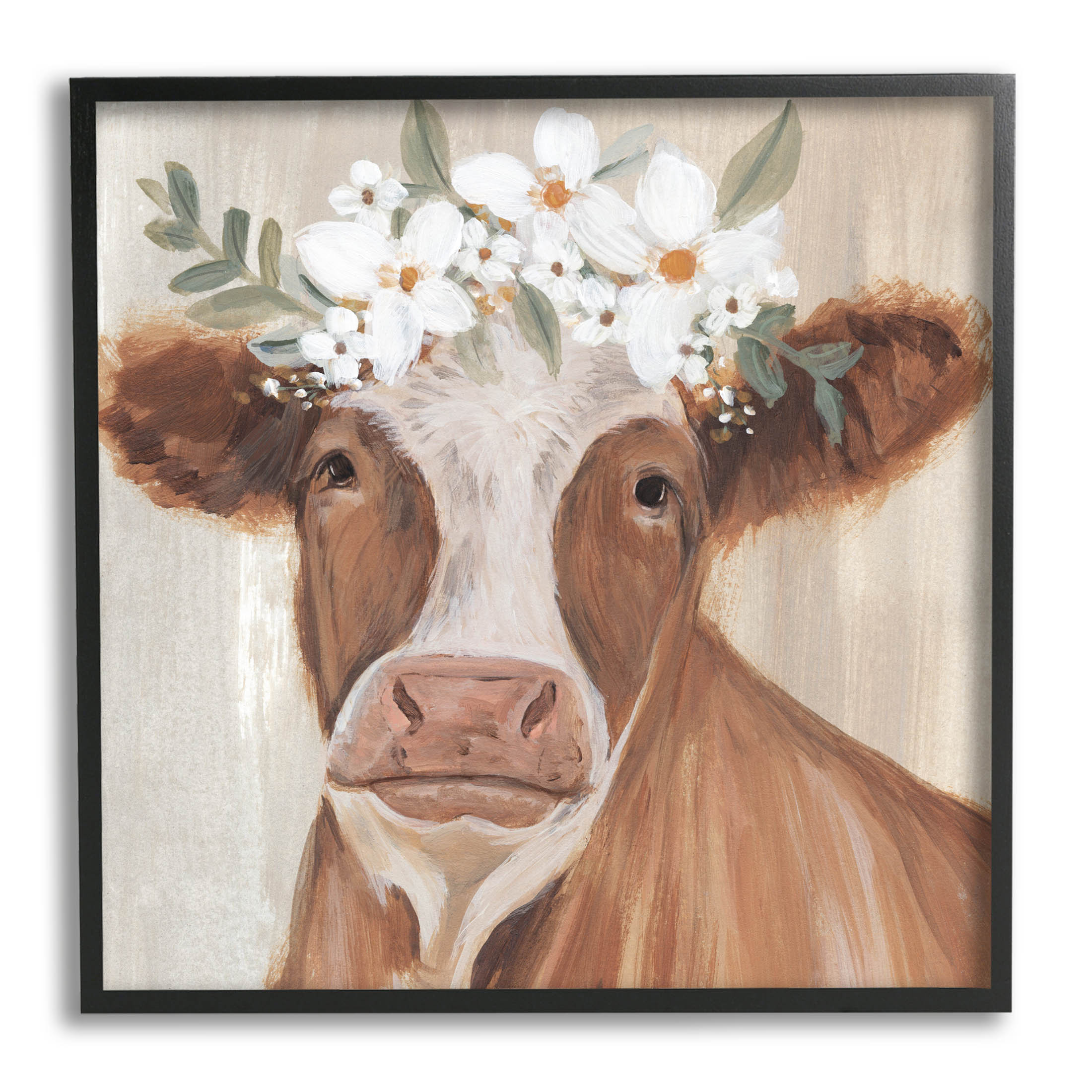 Stupell Industries Brown Cattle Floral Bloom Crown Giclee Art By Annie ...