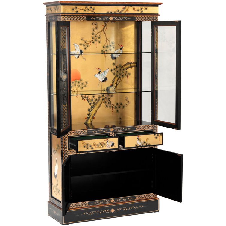 Oriental Furniture Gold Lacquer Curio Cabinet - Cranes | Perigold