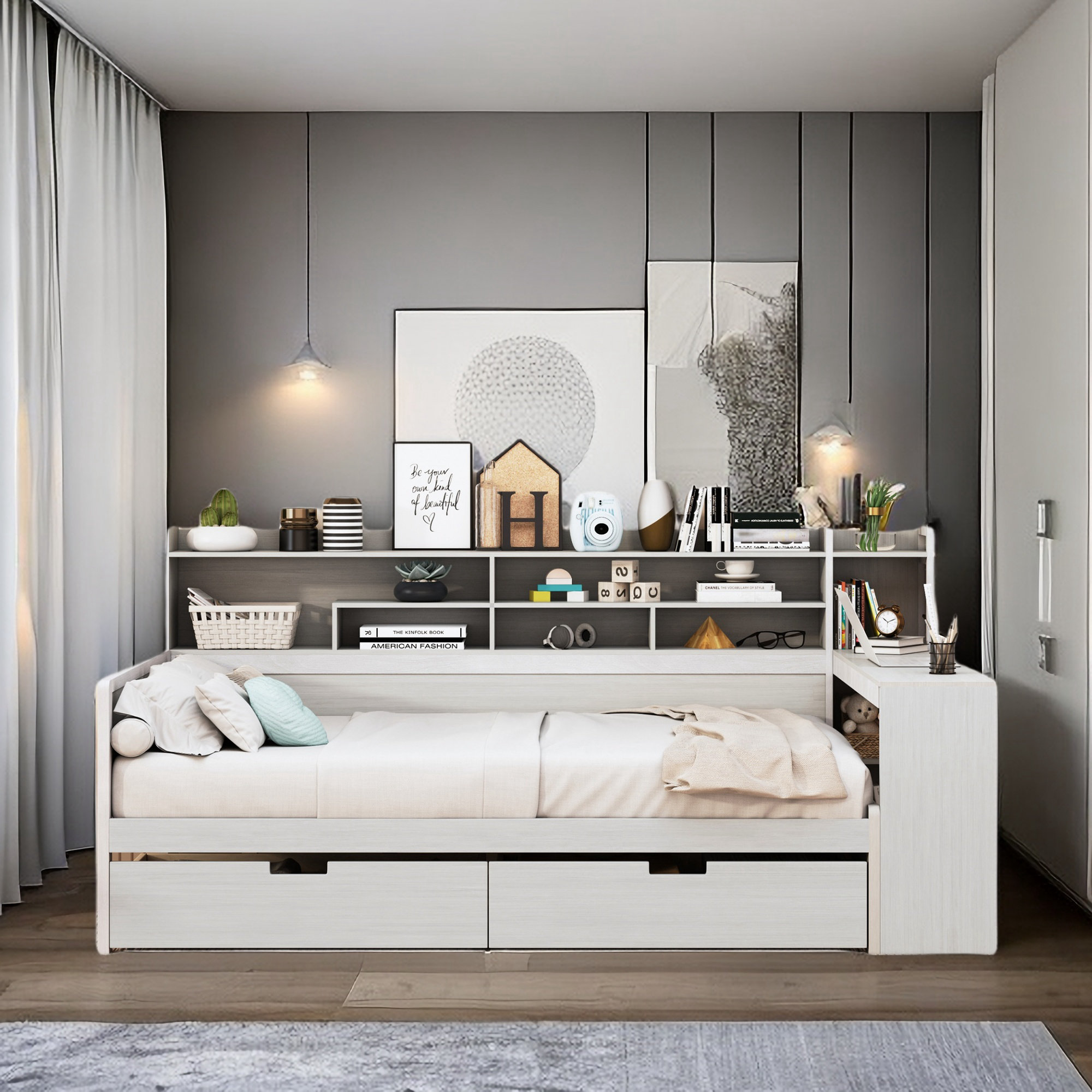 Latitude Run® Wooden Daybed With Storage Shelves, Two Storage Drawers ...