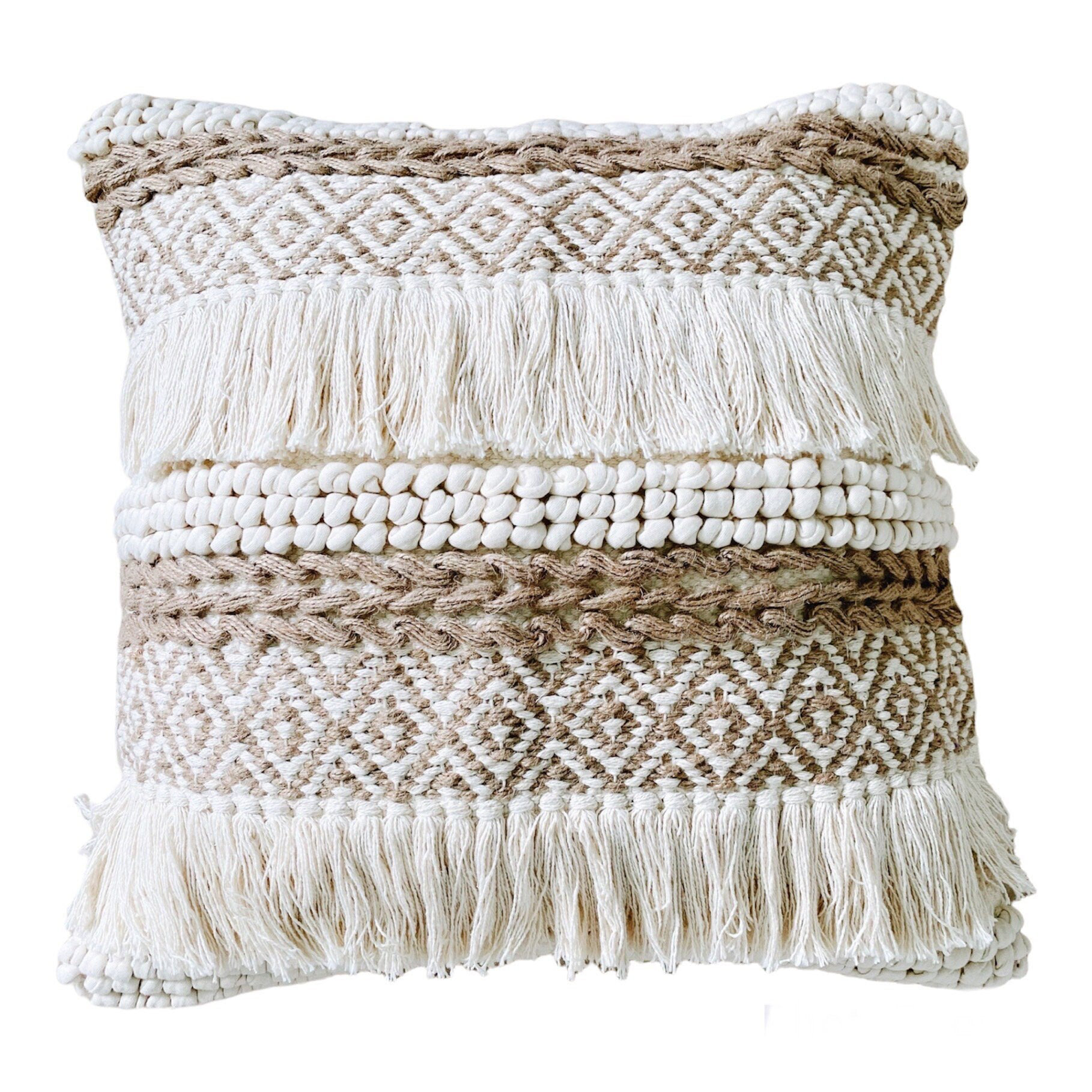 theHOMEmind Mylos Boho Textured Boho Throw Pillow Cover with Fringes ...
