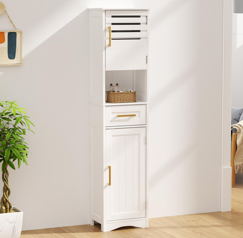 Winston Porter White Tall Narrow Bathroom Floor Cabinet - 15"×12"×67 ...