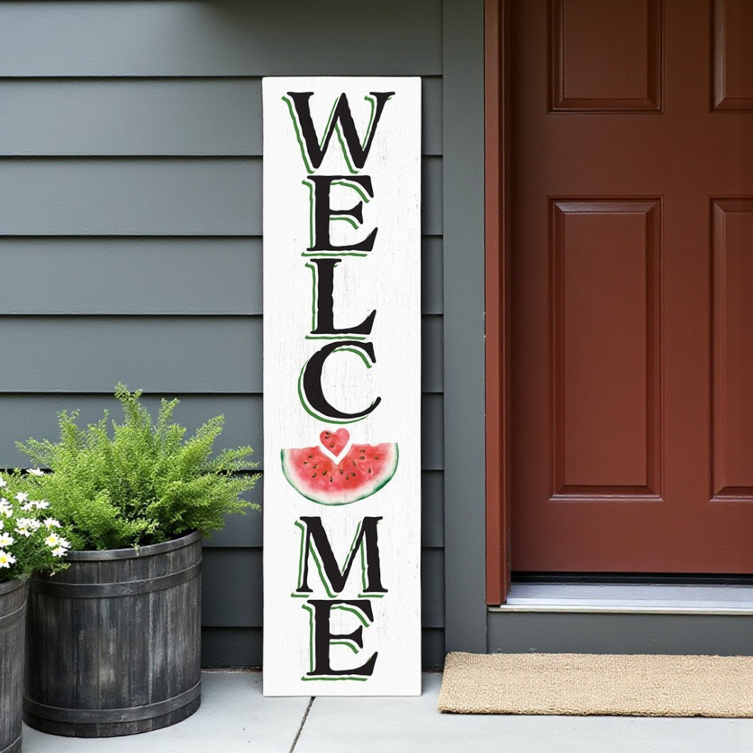 HomeRoots 36" White Pink And Green Solid Wood Welcome Porch Sign | Wayfair