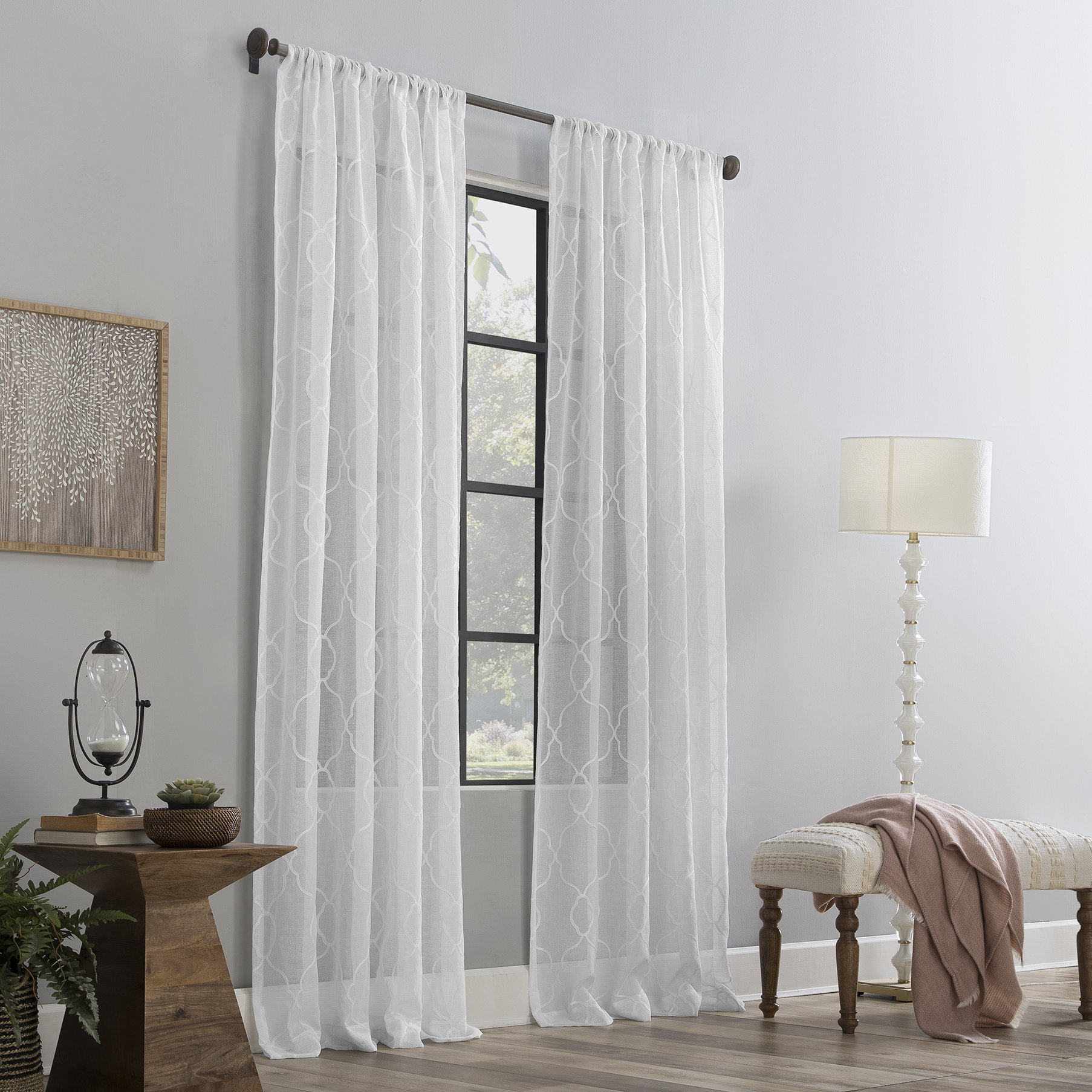 Clean Window Radius Embroidered Trellis Sheer Rod Pocket Curtain Panel ...