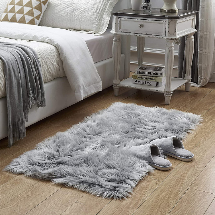 Everly Quinn Kellor Washable Silver Gray Fluffy Faux Sheepskin Fur Shag ...