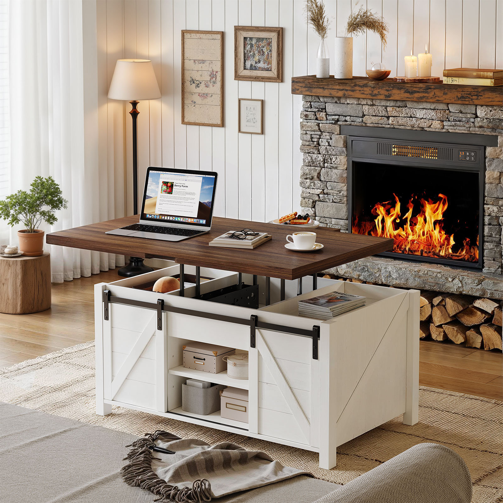 Gracie Oaks Farmhouse Lift Top Coffee Table With Sliding Barn Door ...