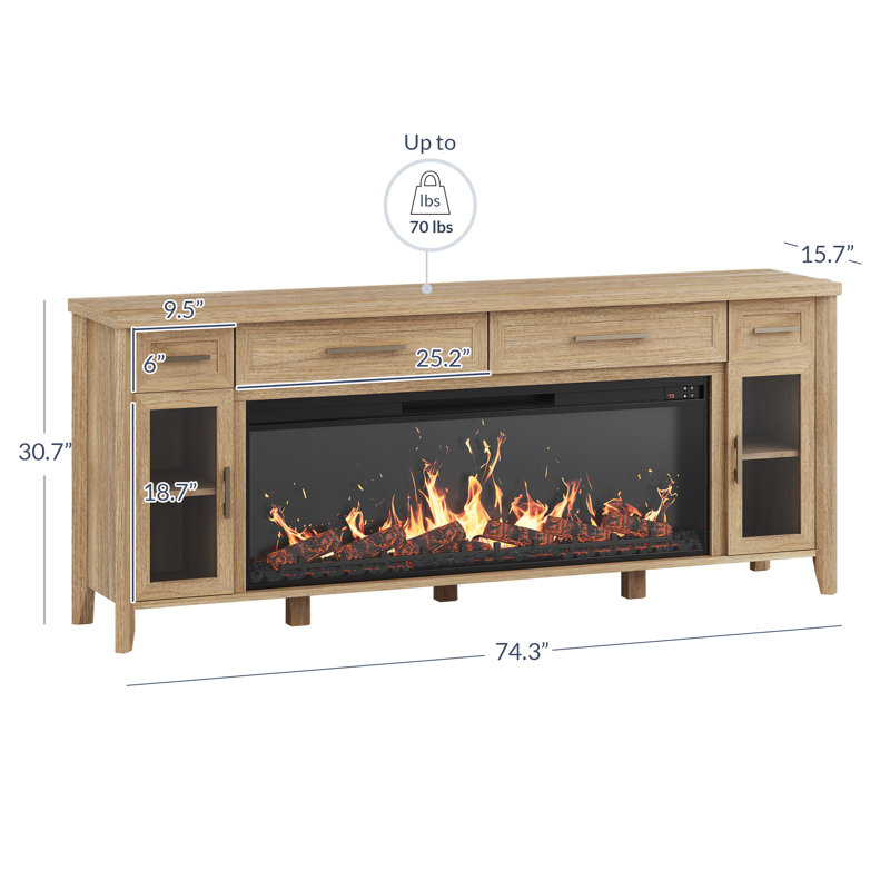 Red Barrel Studio® 74 Inch TV Stand with 48" Electric Fireplace (Camel ...