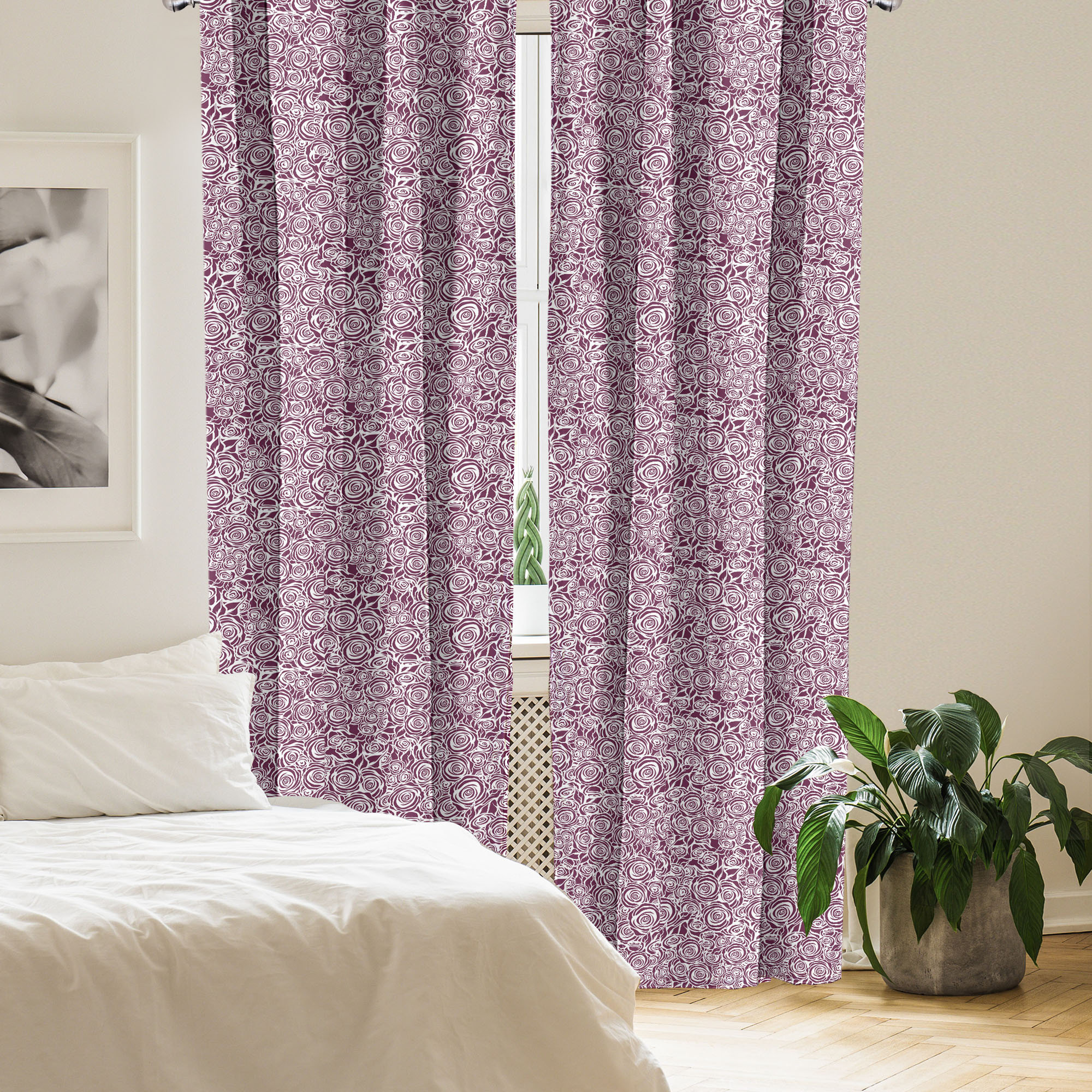 East Urban Home Floral 4-Panel Curtains, Clutter of Roses in Monotone ...