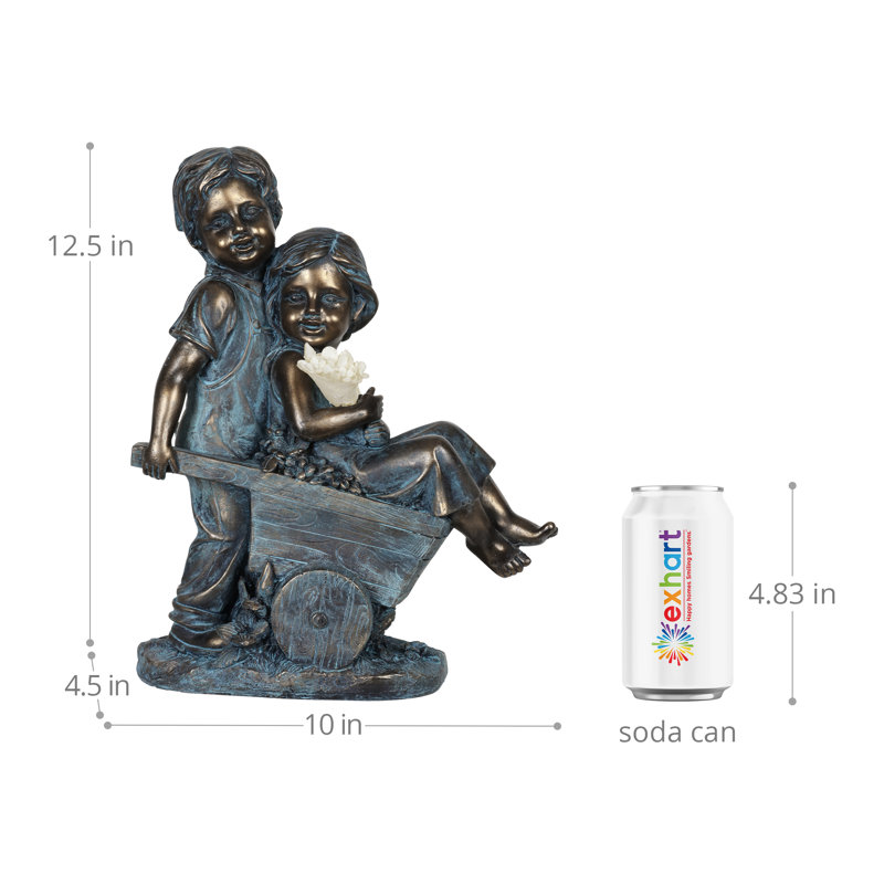 Exhart Solar Boy and Girl in Wheelbarrow Garden Statue, 10 by 13 Inches ...