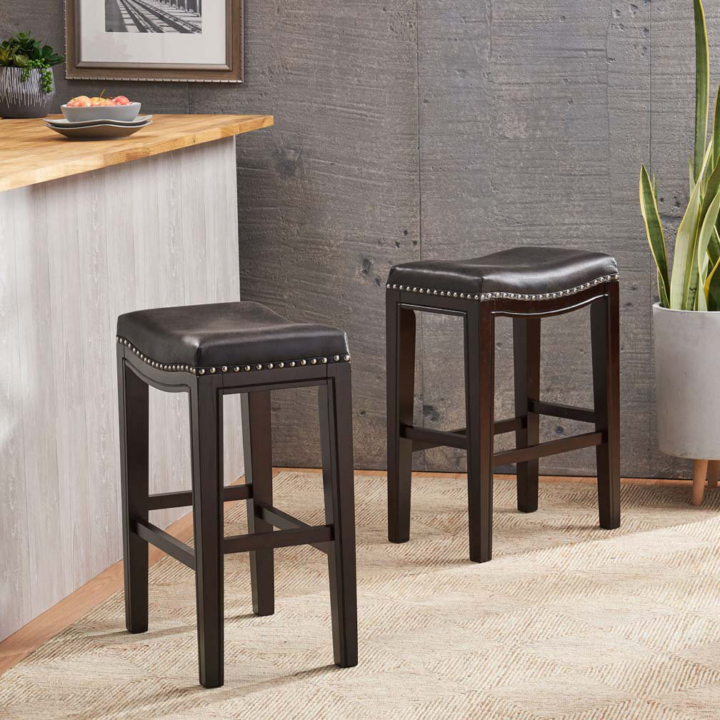 Red Barrel Studio® Faux Leather Upholstered Wood Bar Stools Set with No ...