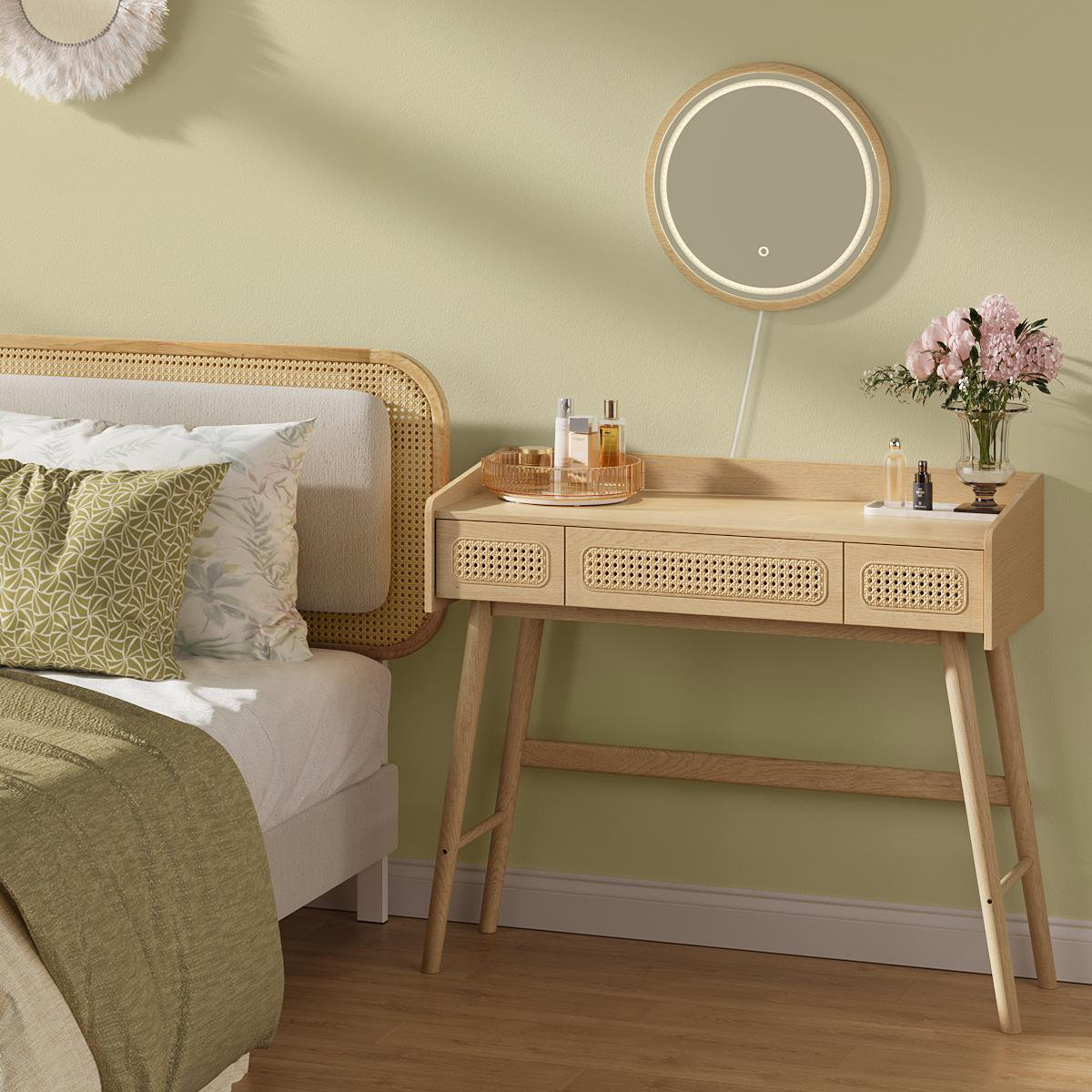 Gracie Oaks Virdie Boho Vanity Desk with Light Up Mirror, 3 Drawers ...
