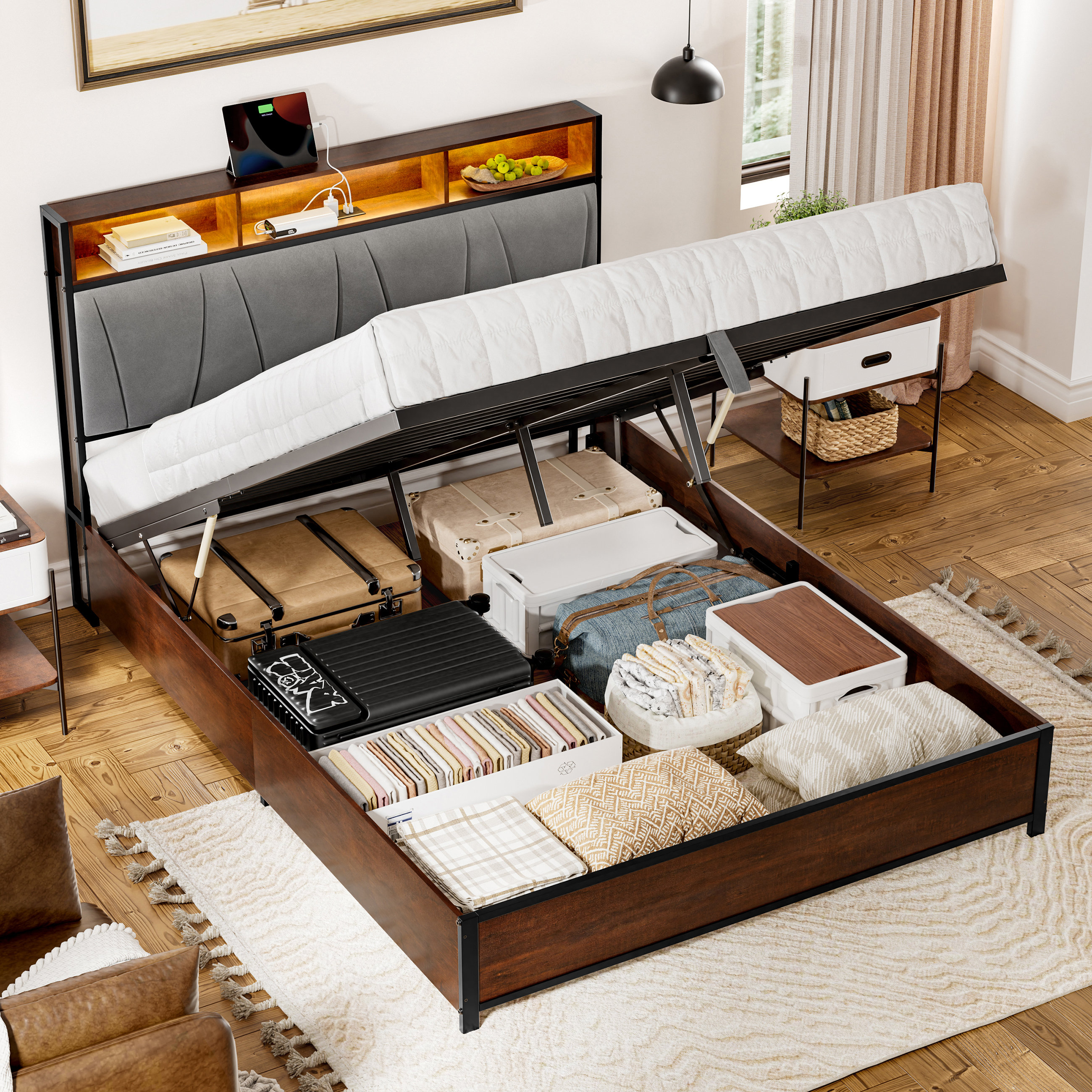 17 Stories Antioch Lift Up Storage Bed Frame with LED Light & Outlet ...