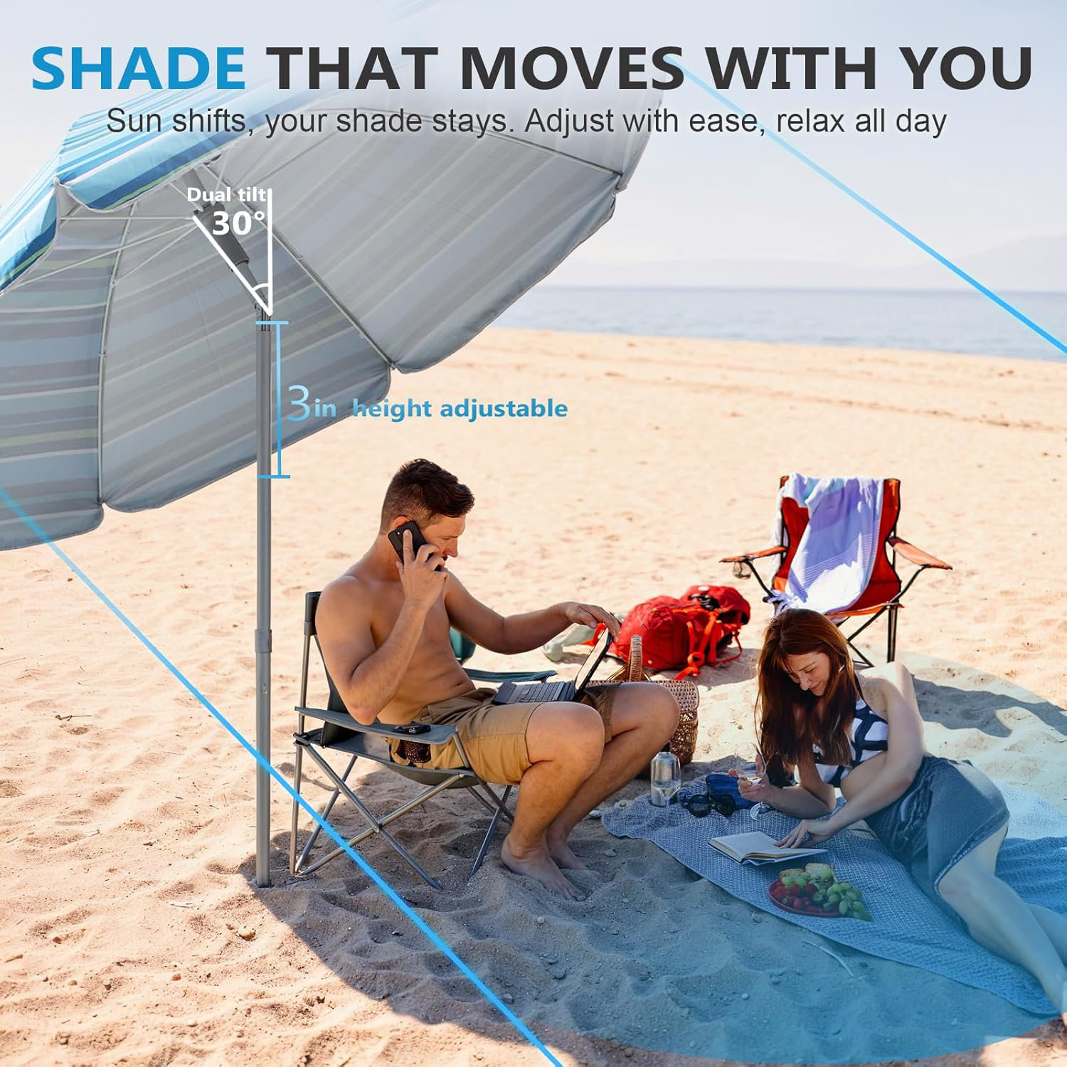 Arlmont & Co. 7Ft Beach Umbrella With Sand Anchor & Tilt, UPF 50 ...