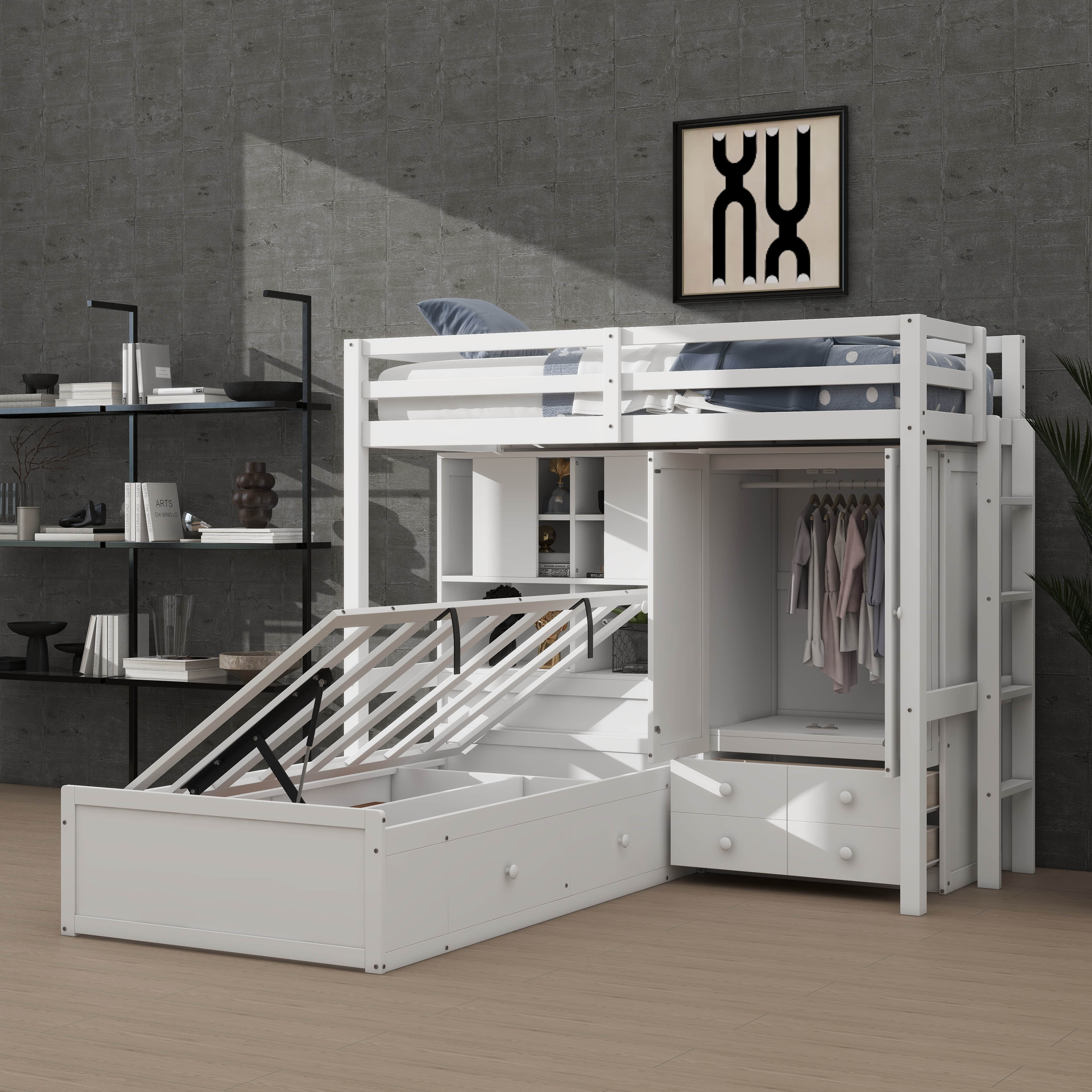 Latitude Run® Hydraulic Lift Twin Bunk Bed With Wardrobe, Storage, And ...
