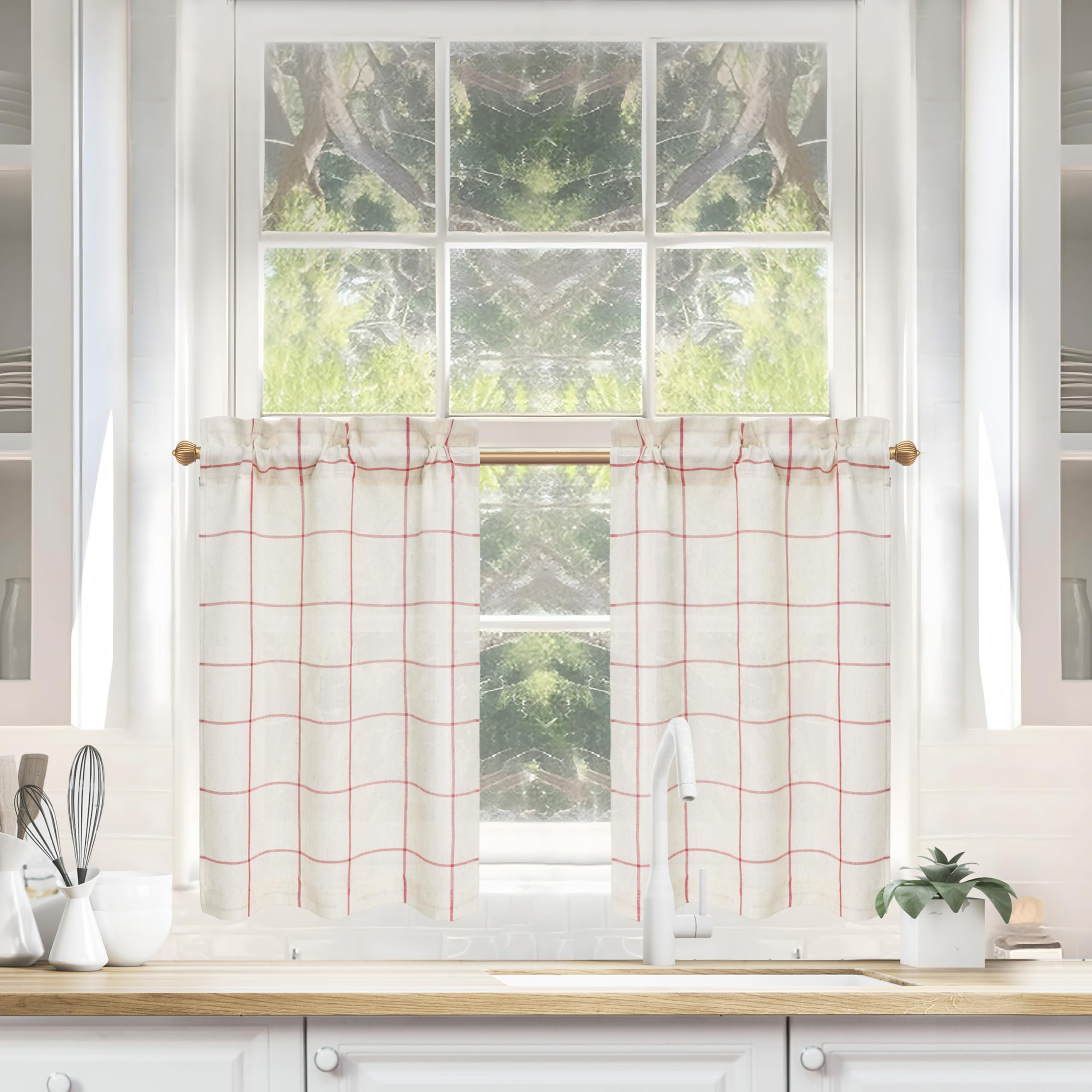 Gracie Oaks Windowpane Plaid Kitchen Curtains Kitchen Tier Linen Short ...