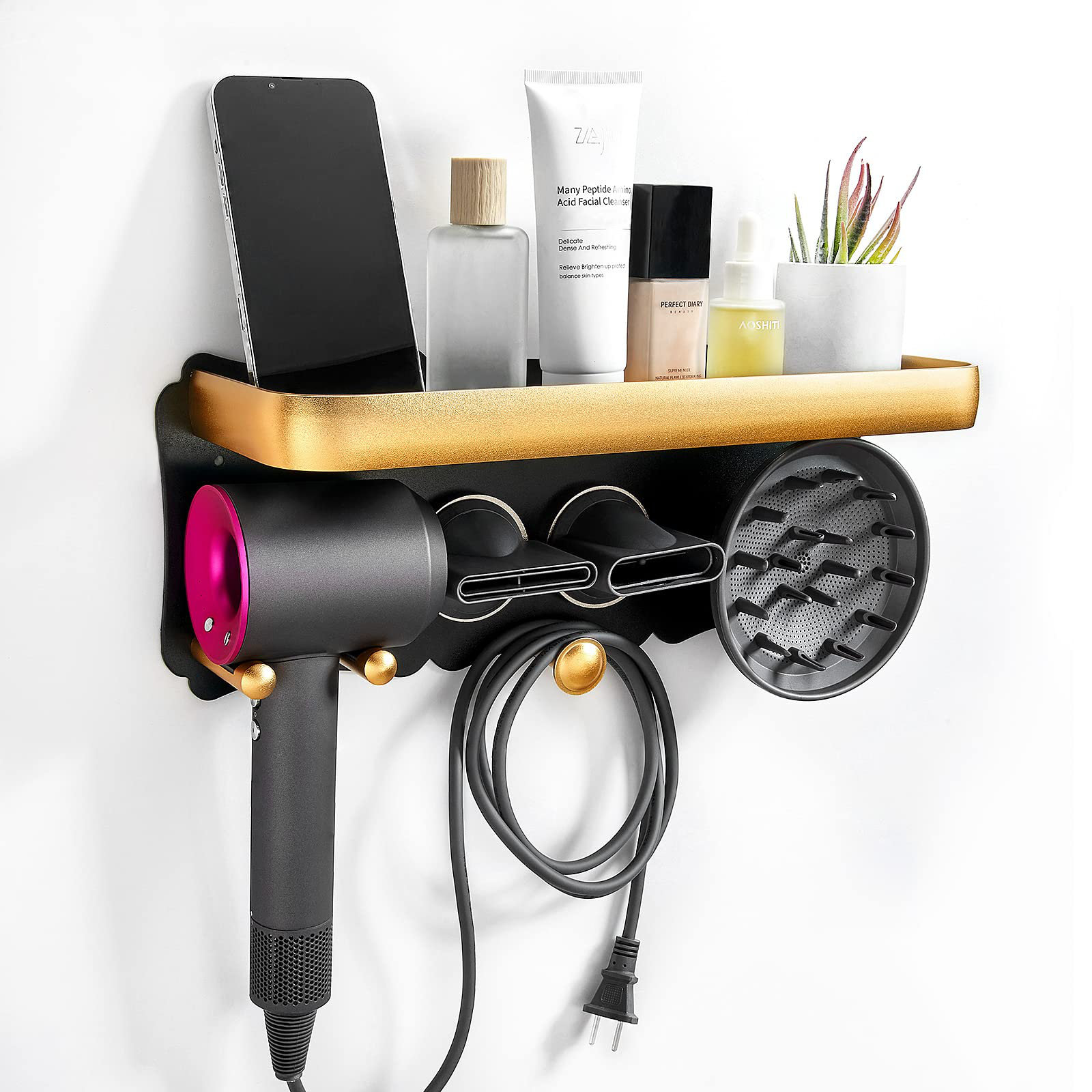 Orren Ellis Wall Mounted Hair Dryer Stand With Storage Shelf, Hair ...
