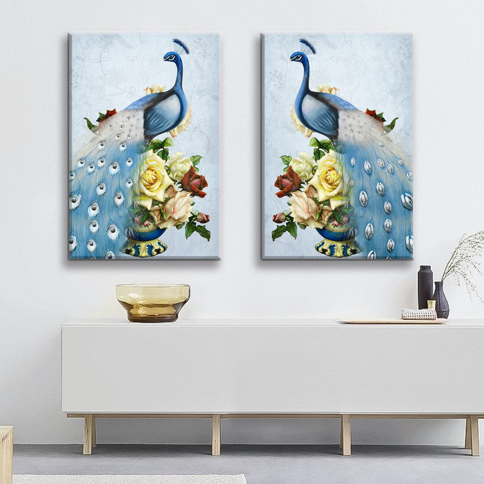 Red Barrel Studio® 2 panels Peacocks on Flowers elegant Canvas Painting ...