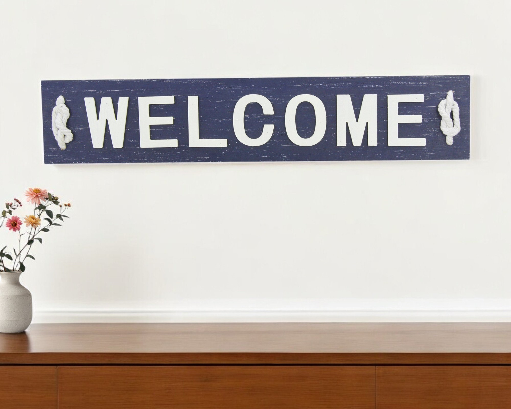 Gracie Oaks Coastal Blue And White Wood And Metal Welcome Sign, 6” X 32 ...