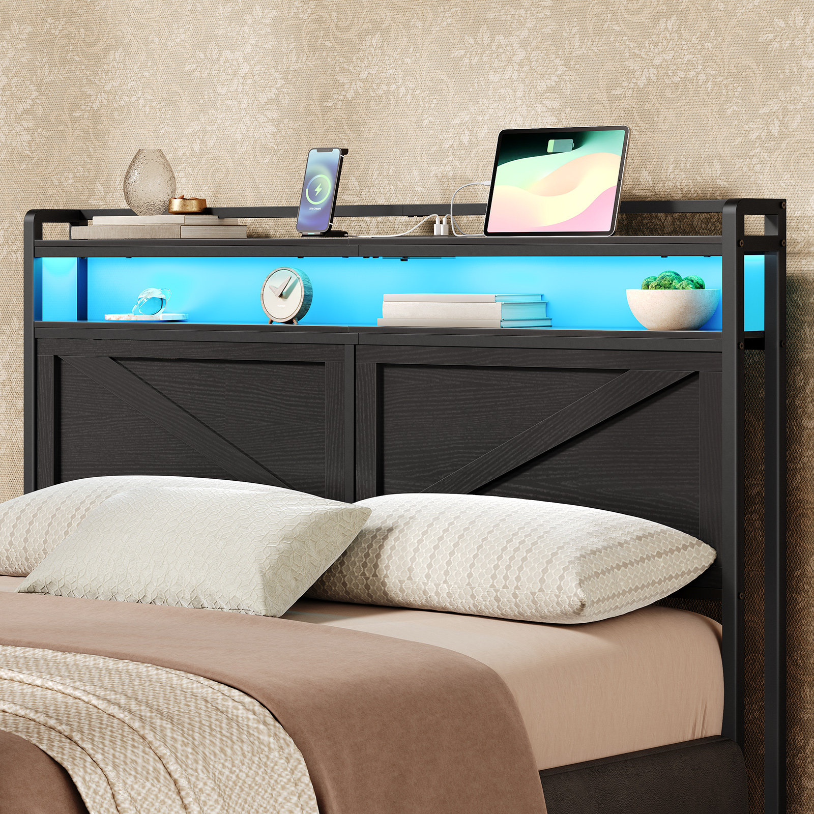 Wrought Studio™ Azena 44.1"H Headboard with Charging Station and LED ...