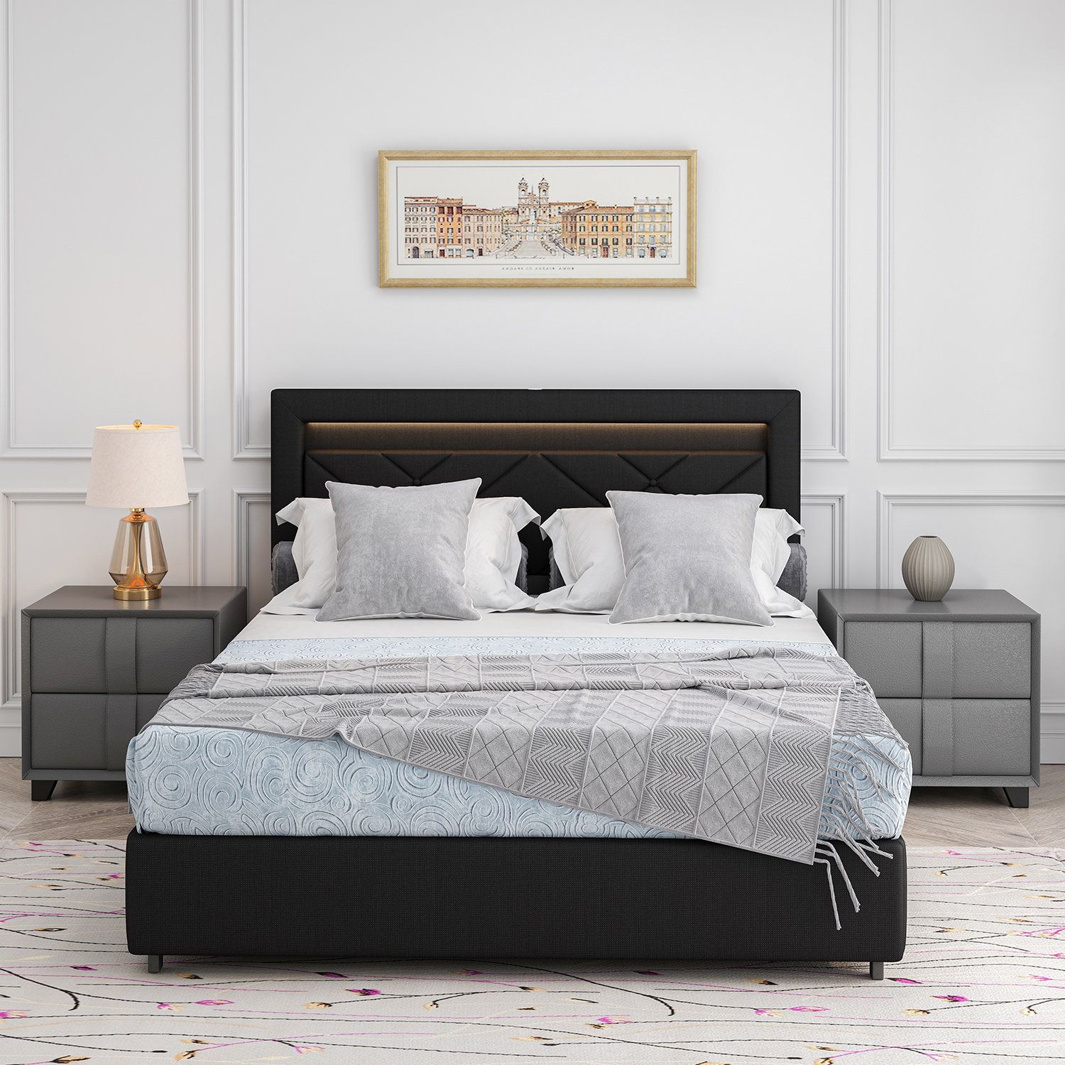 Latitude Run® Textured Bed Frame with LED Lights, USB Charging Station ...