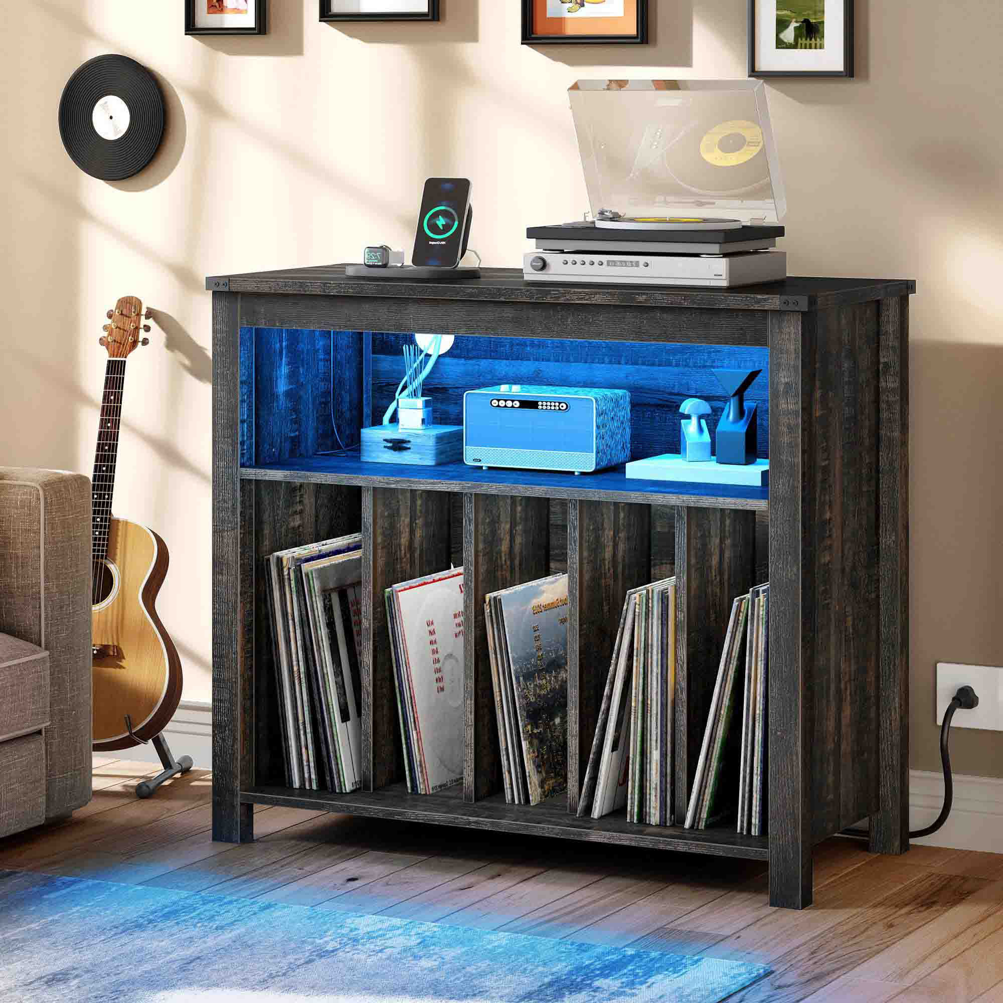 Ivy Bronx Large Record Player Stand With Power Outlets & LED Lights ...