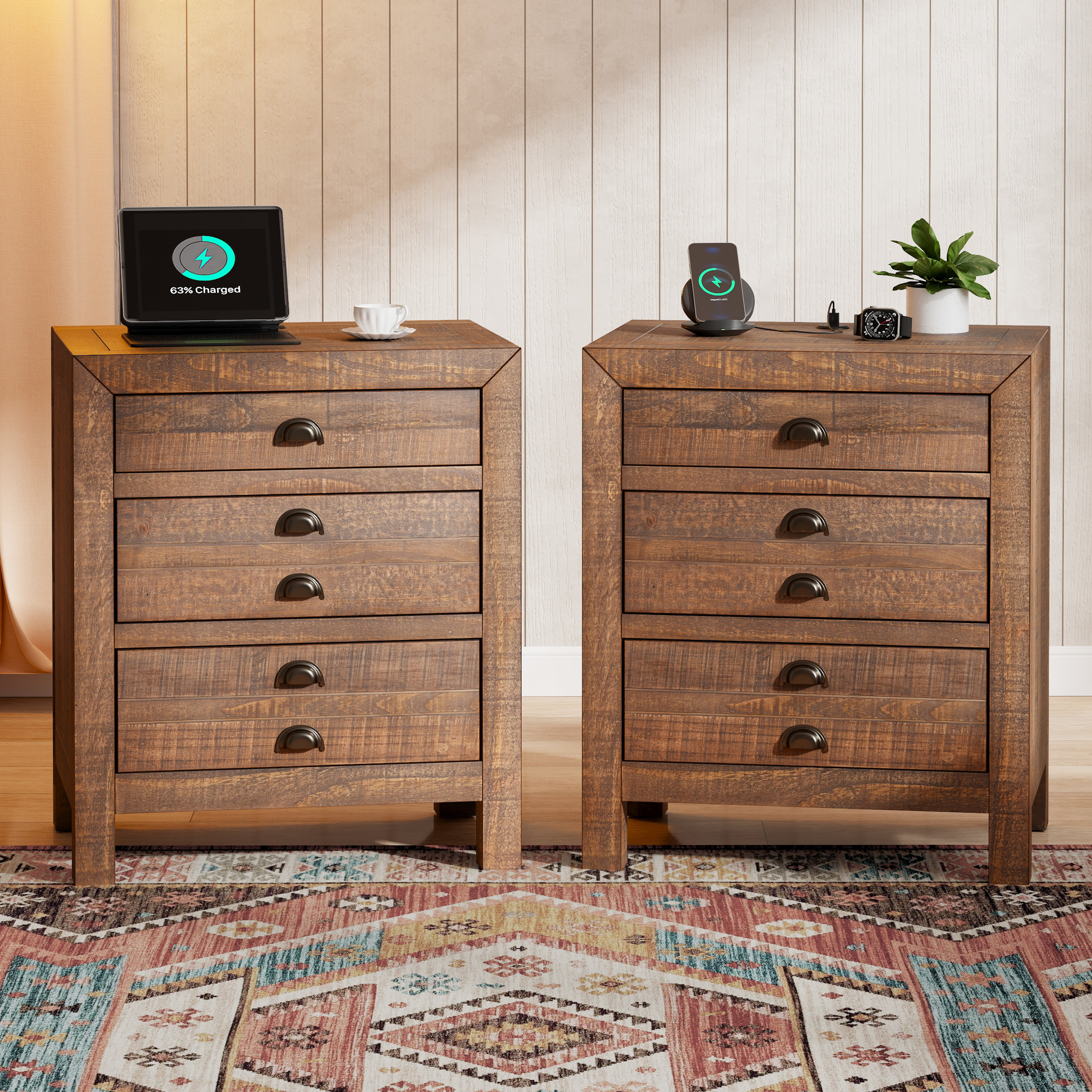 Gracie Oaks Rustic Farmhouse Style Three-Drawer Nightstand Set of 2 ...