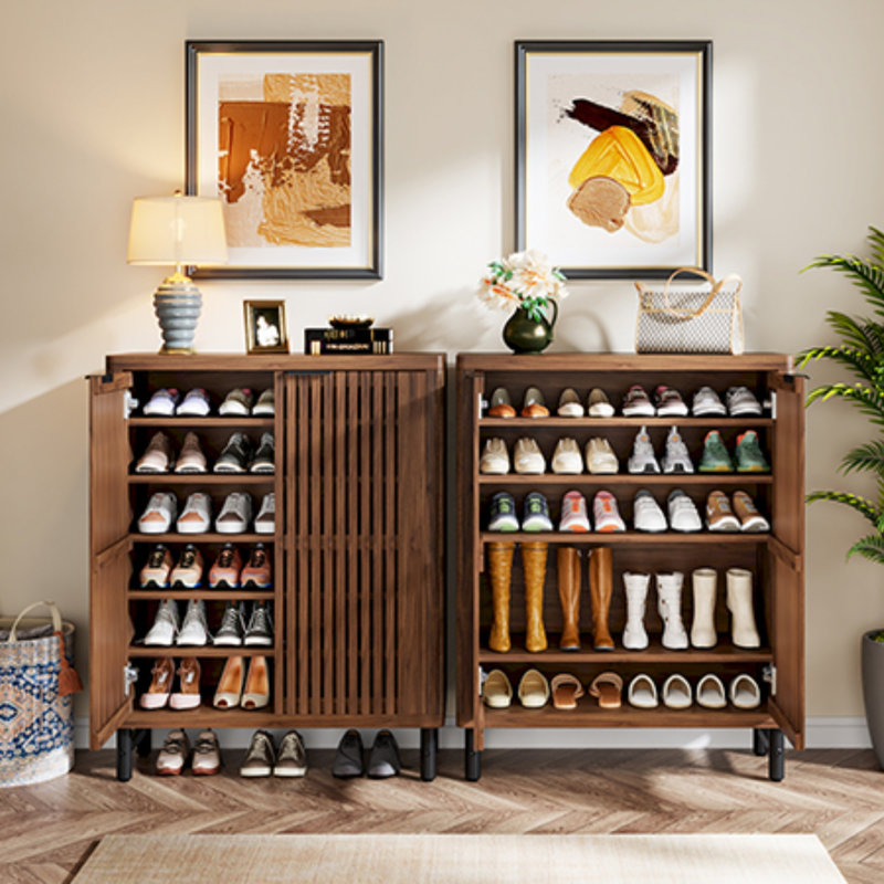 Loon Peak® 24 Pair Walnut Shoe Storage Cabinet with Louvered Doors ...