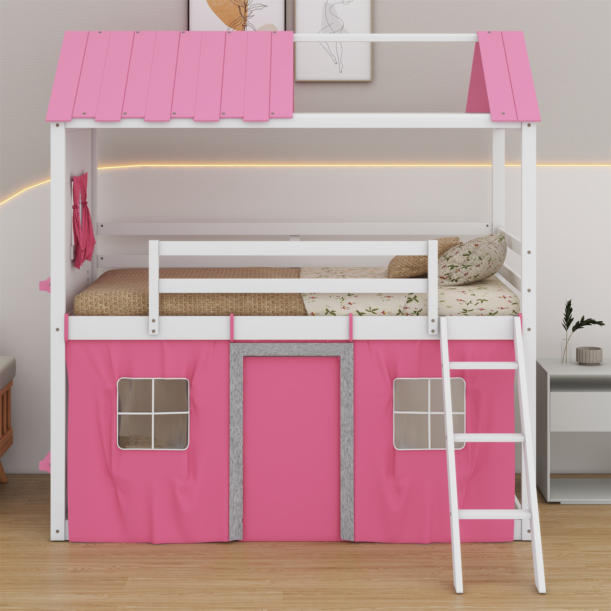 Harper Orchard Bunk Wood House Bed With Elegant Windows, Sills And Tent ...