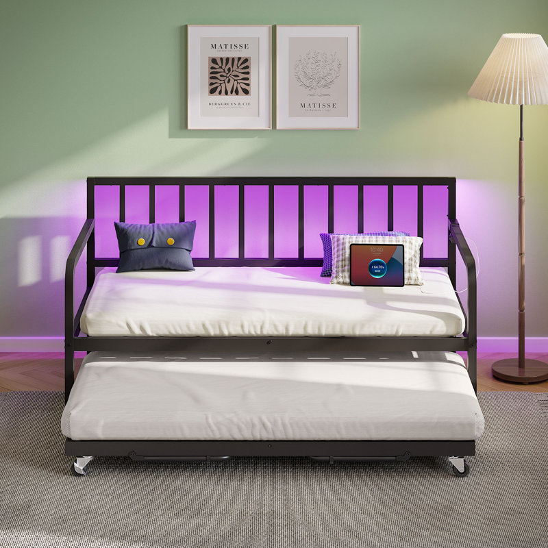Ebern Designs Daybed with Trundle, Twin Day Bed with Charging station ...