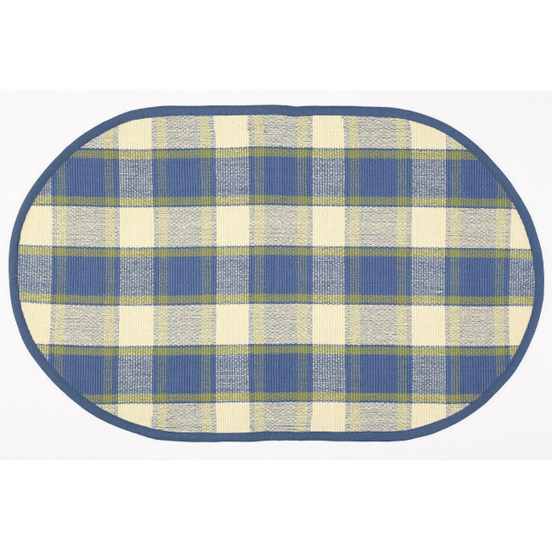Gracie Oaks Blue,Green And Cream Checked Oval Floor Mat | Wayfair