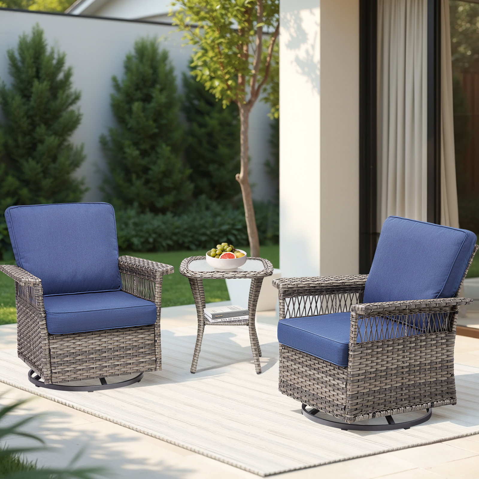 Winston Porter Swivel PE Wicker Rattan Outdoor Rocking Chairs Set With ...