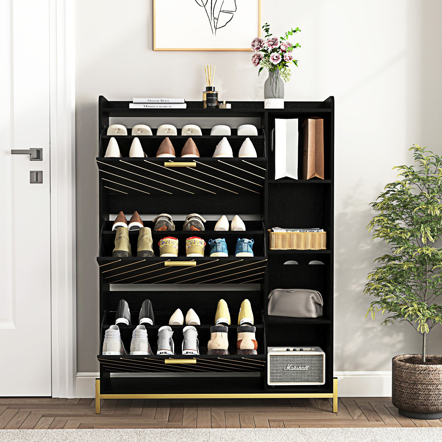 Mercer41 Modern Shoe Cabinet With 3 Flip Drawers, Modern Entryway Shoe ...